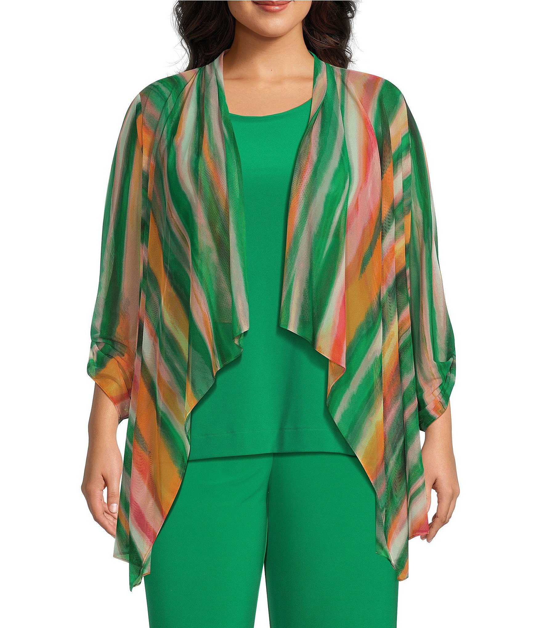 Investments Plus Size Soft Separates Mesh Open Drape Front Long Roll ...