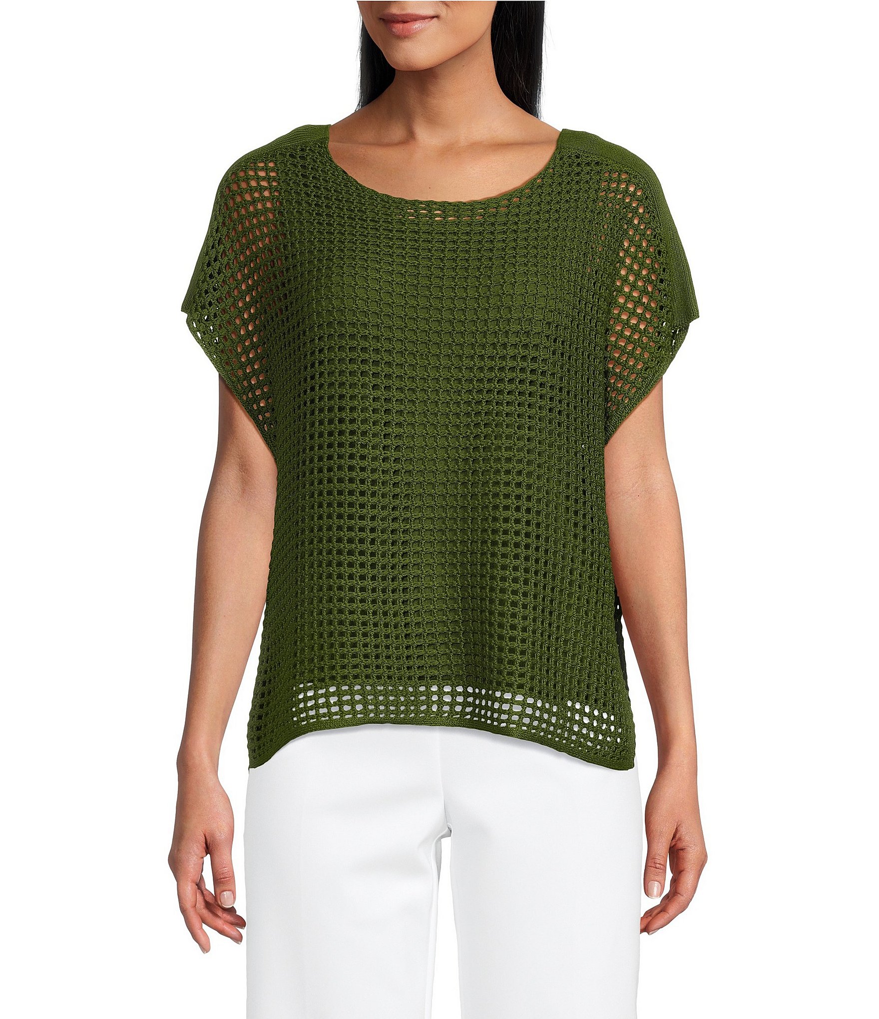 Investments Short Sleeve Crew Neck Open Stitch Top | Dillard's