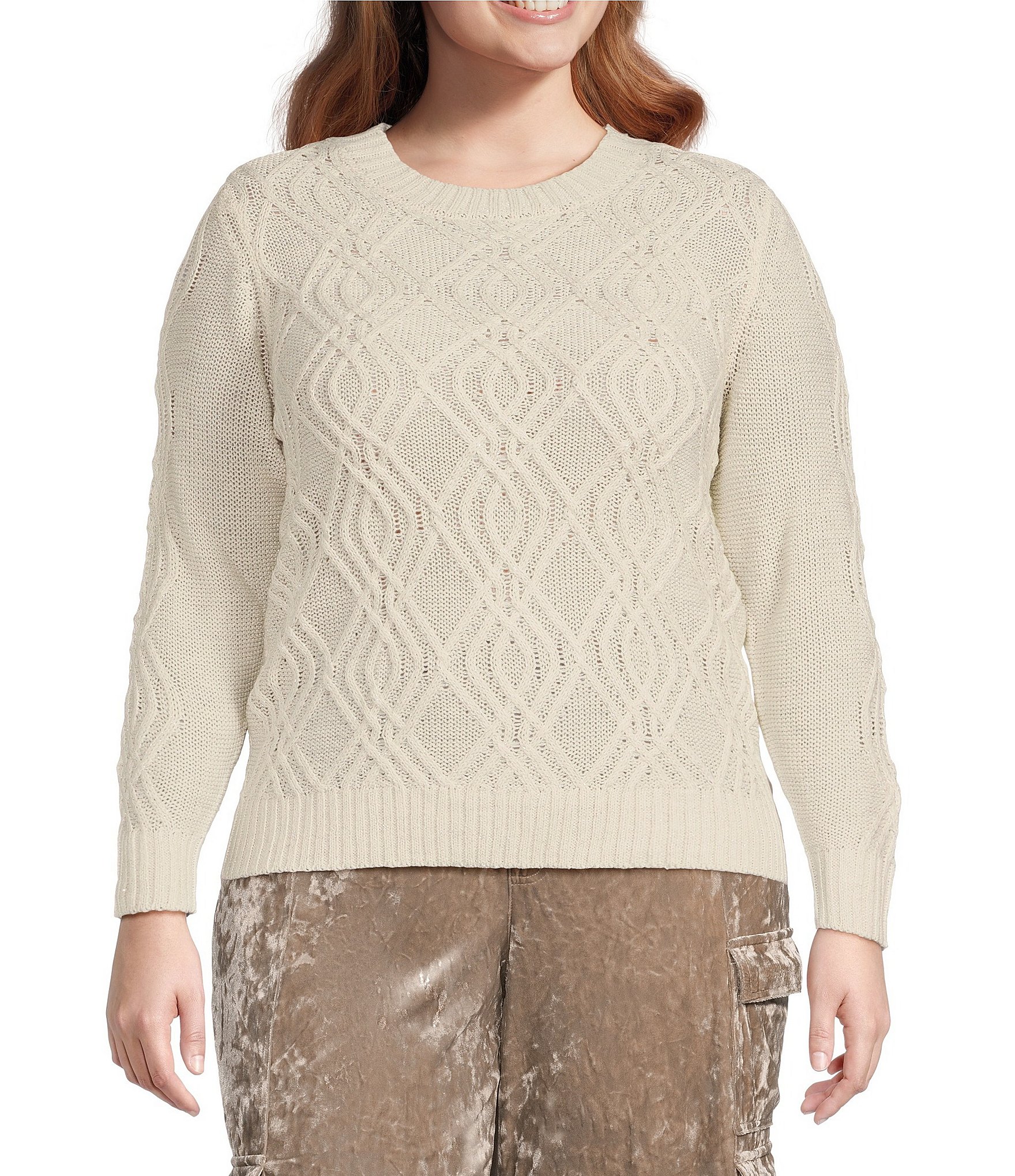 Jessica Simpson Plus Long Sleeve Ayaan Lurex Cable Sweater | Dillard's