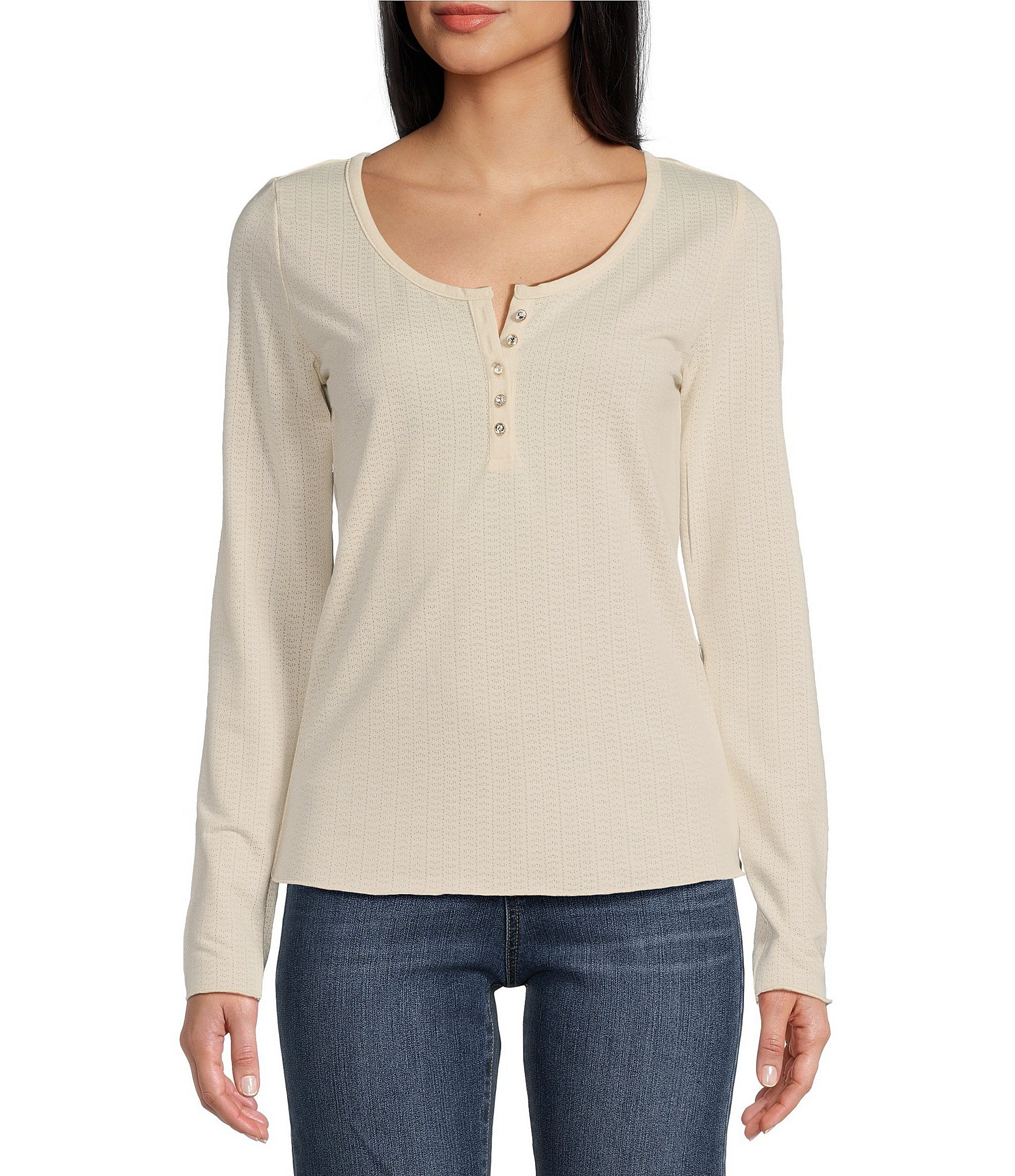 Jessica Simpson Tahani Long Sleeve Solid Henley Top | Dillard's