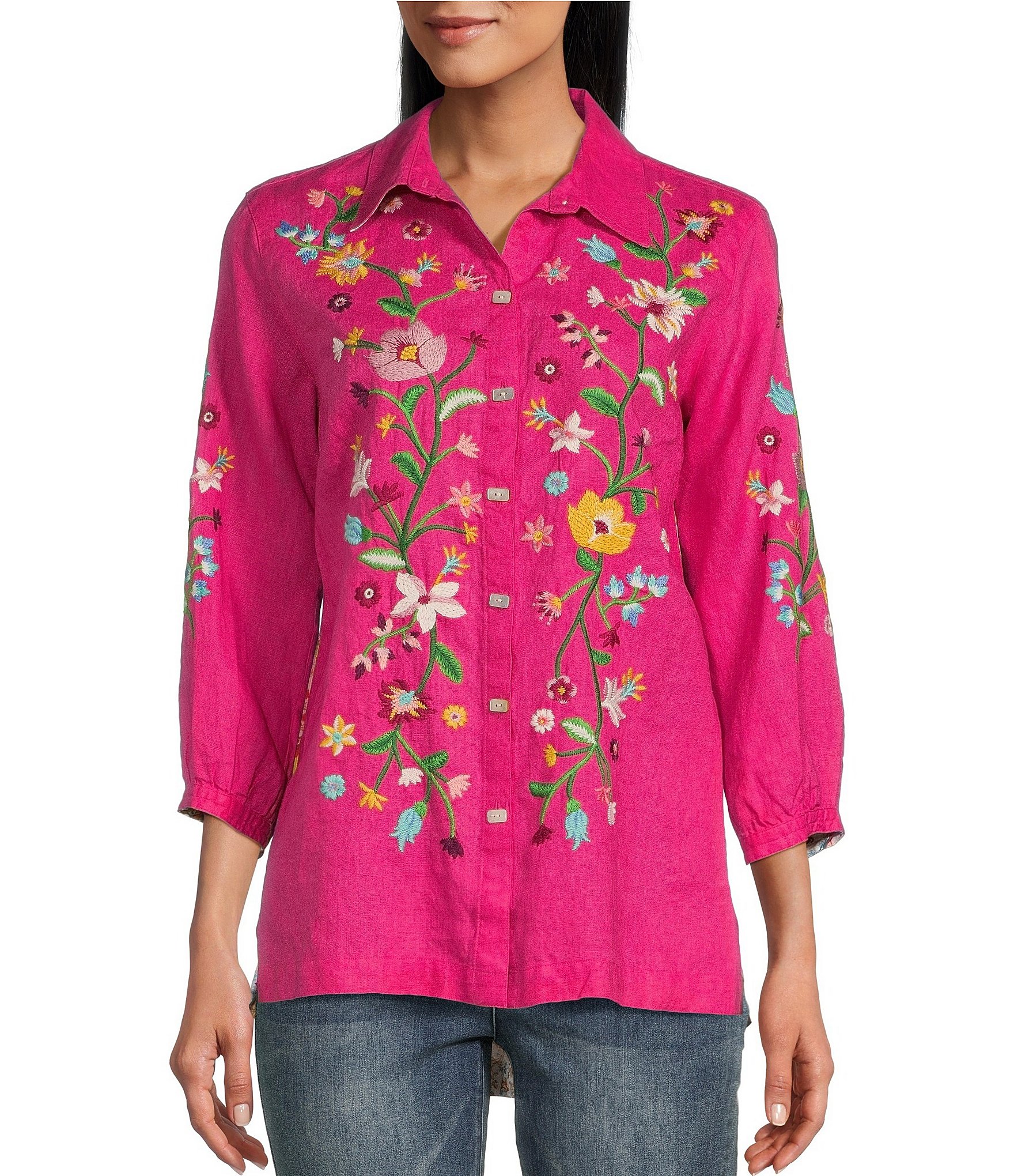 John Mark Embroidered Point Collar 3 4 Sleeve Button Front Tunic