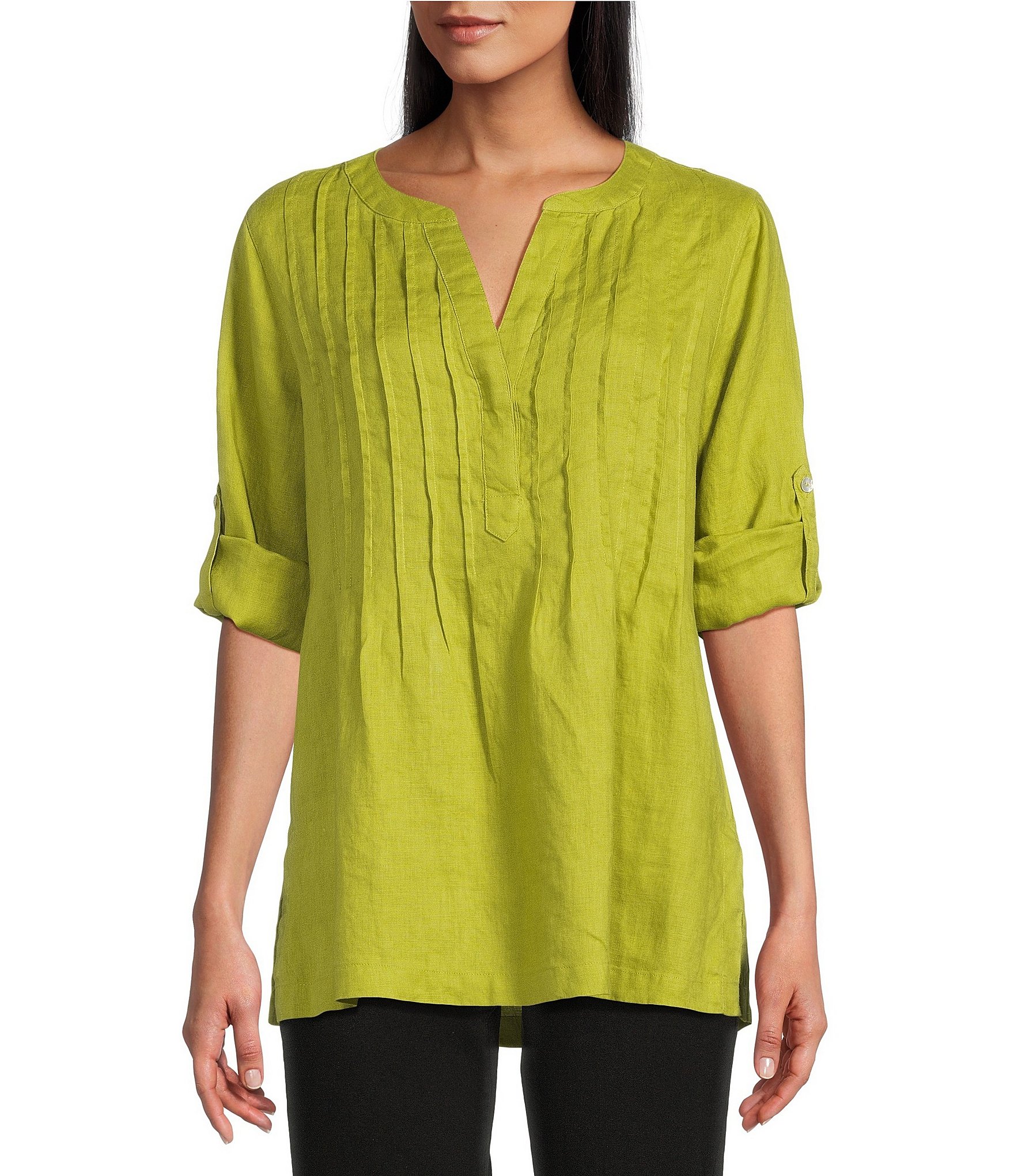 John Mark Linen Y-Neck Roll Tab Sleeve Pintuck Tunic | Dillard's