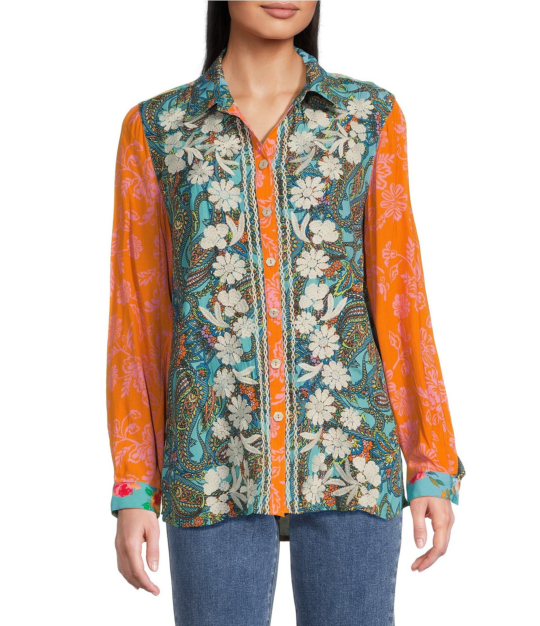 John Mark Multi Print Point Collar Long Roll Tab Sleeve Button Front