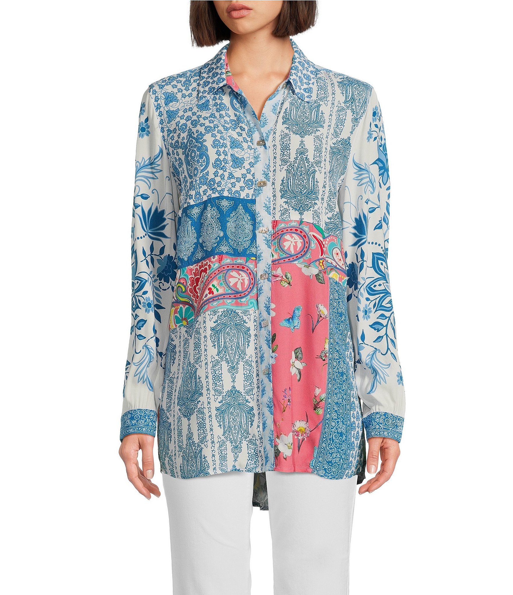 John Mark Multi Print Point Collar Long Roll Tab Sleeve Button Front