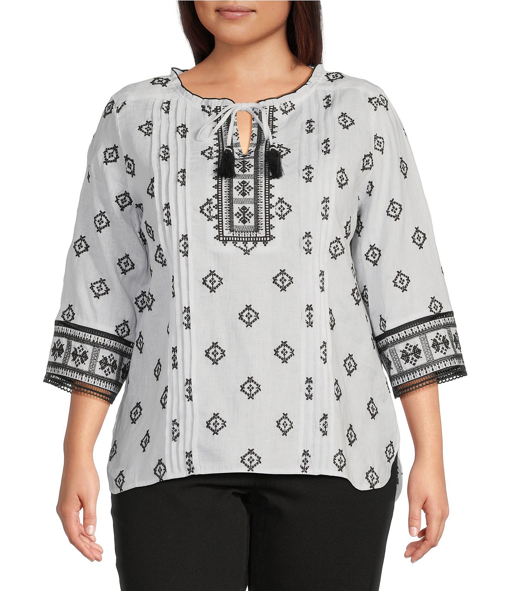 John Mark Plus Size Allover Embroidered Split V-Neck 3/4 Sleeve Tassel Tie Tunic | Dillard's