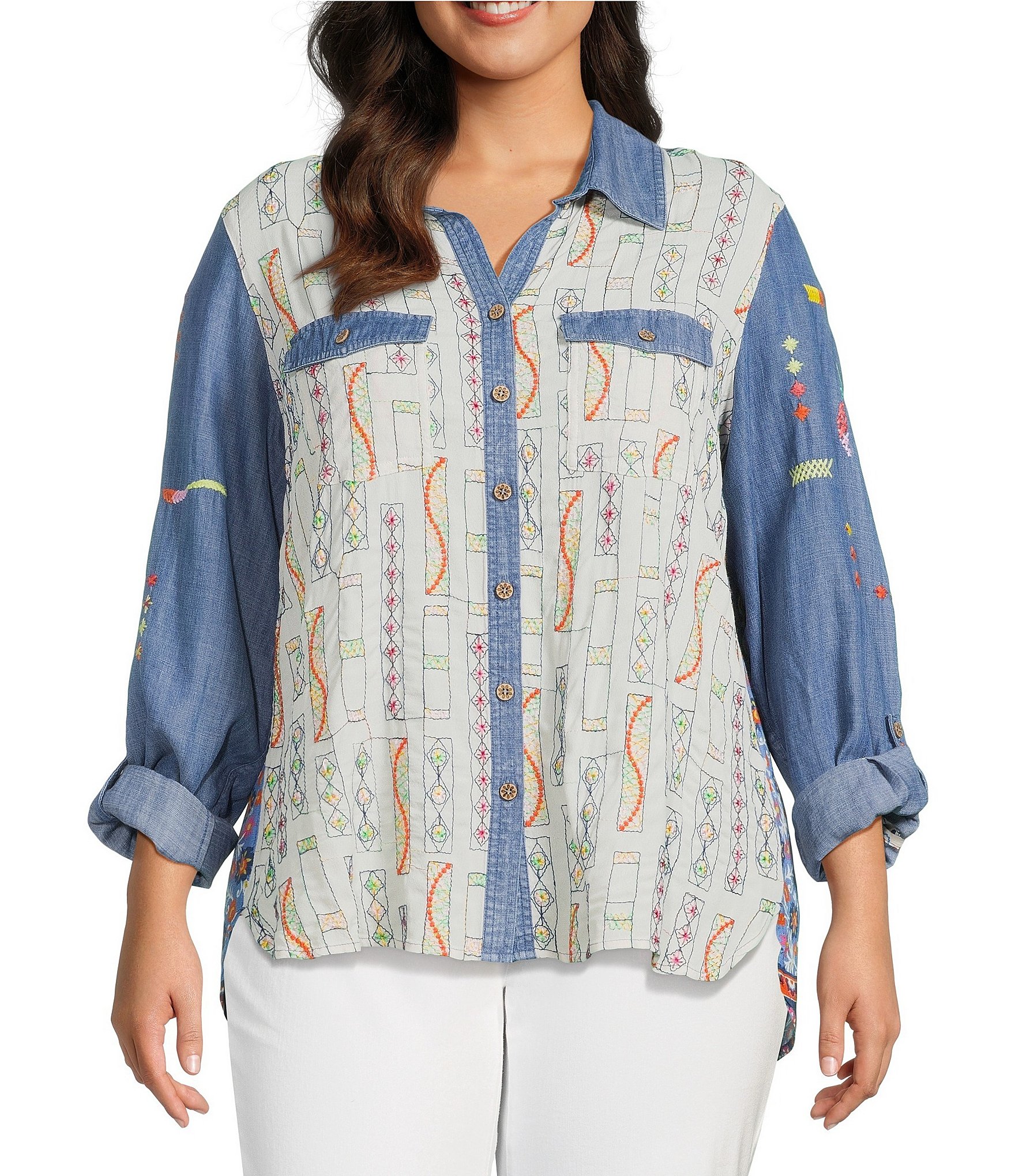 John Mark Plus Size Embroidered Floral Printed Point Collar Long Roll ...