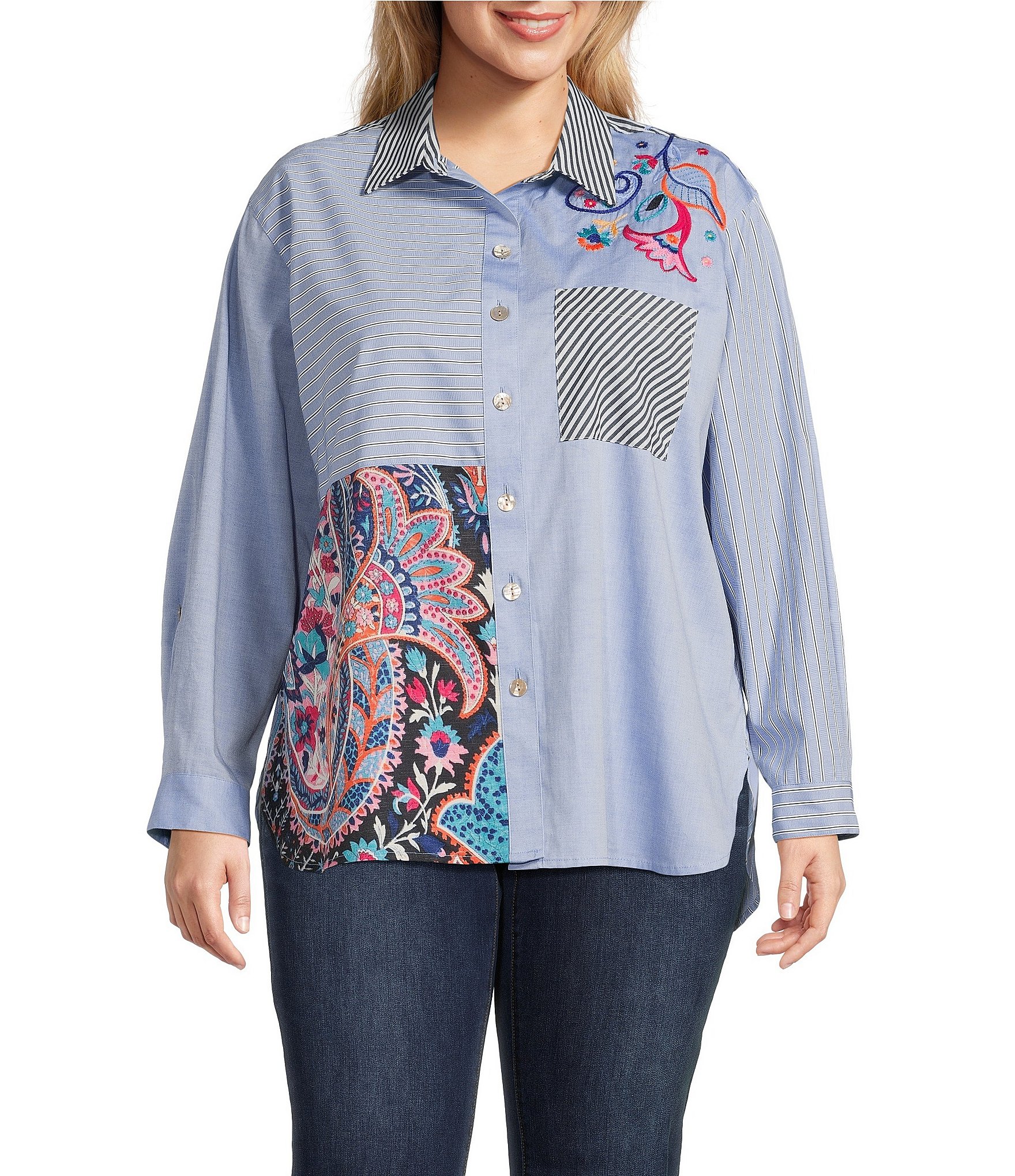 John Mark Plus Size Embroidered Woven Stripe Point Collar Long Roll-Tab ...