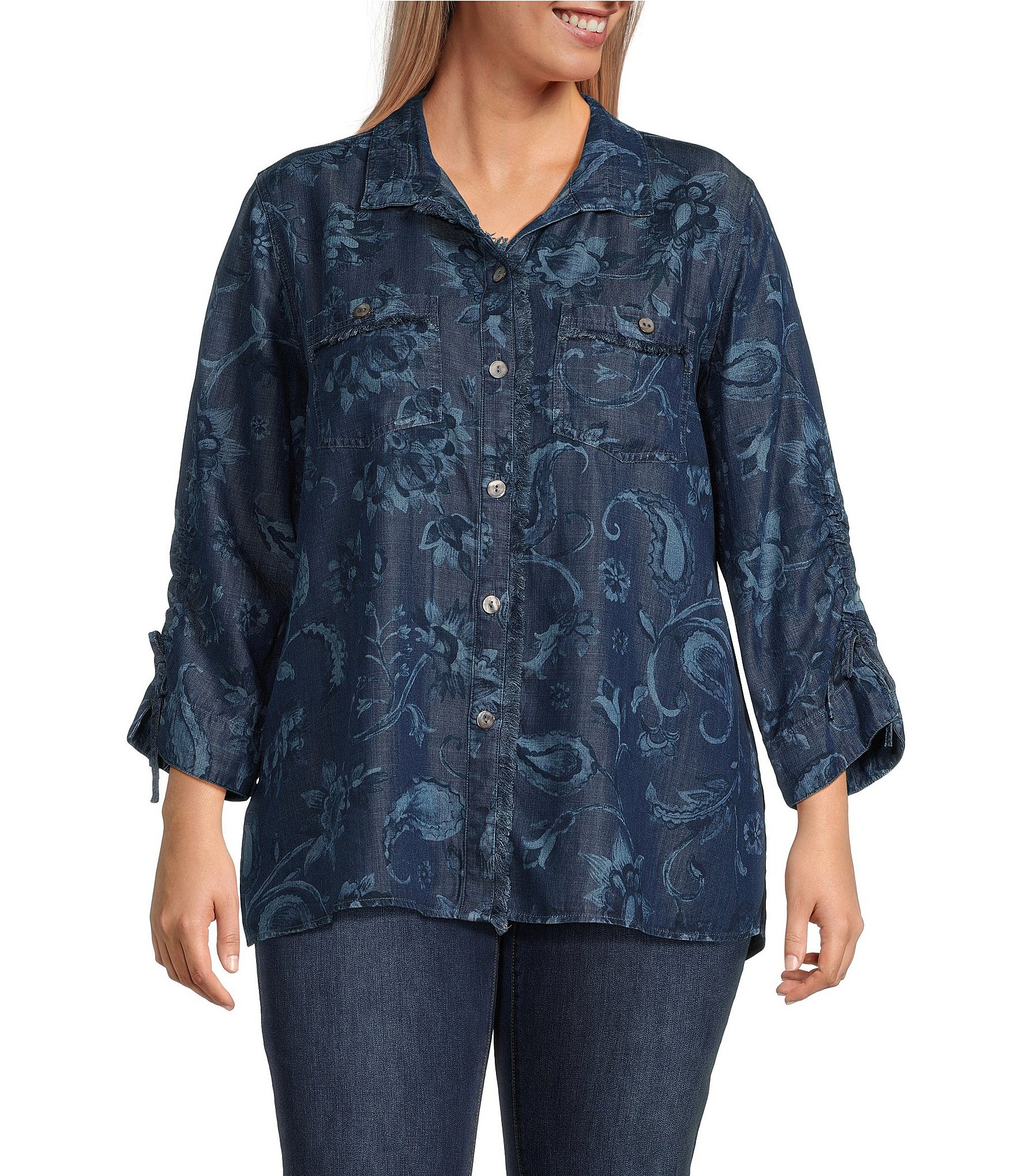 John Mark Plus Size Lyocell Allover Floral Paisley Print Point Collar 3