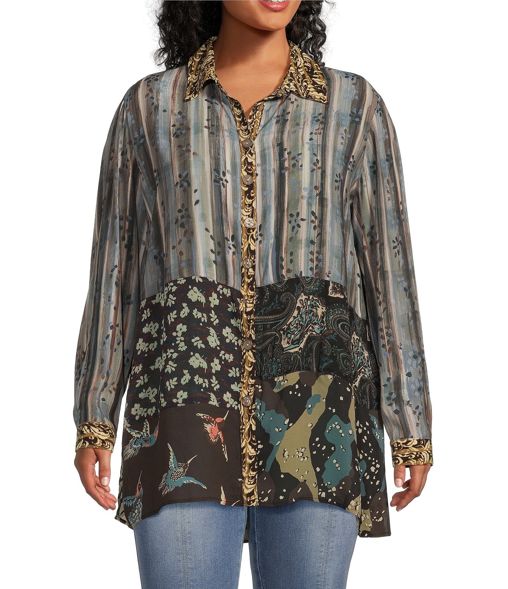 John Mark Plus Size Mix Print Patched Point Collar 3 4 Roll Tab Sleeve