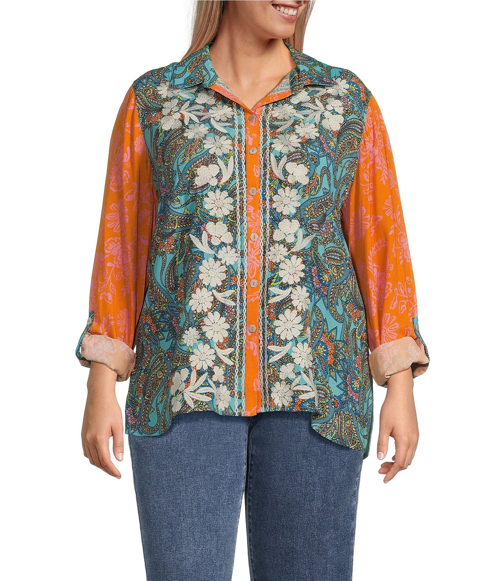 John Mark Plus Size Multi Print Point Collar Long Roll Tab Sleeve
