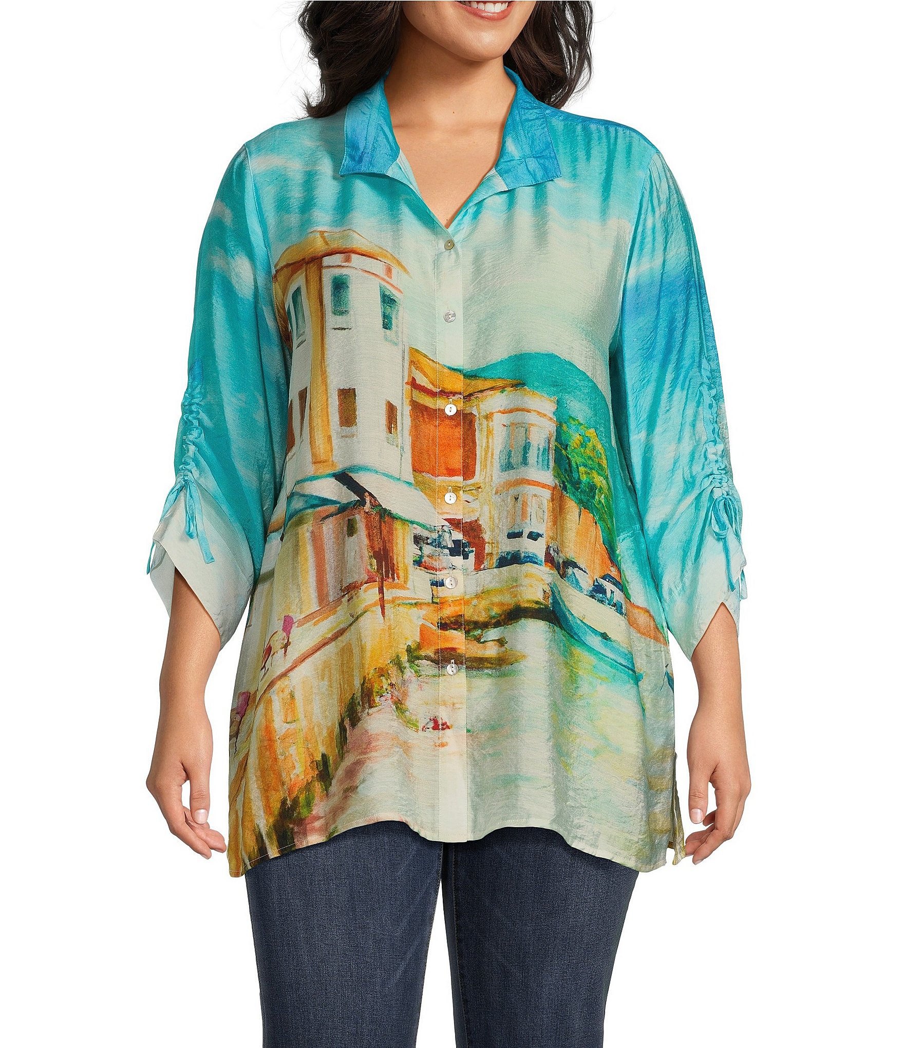 John Mark Plus Size Novelty Scenic Print Point Collar 3 4 Sleeve Button