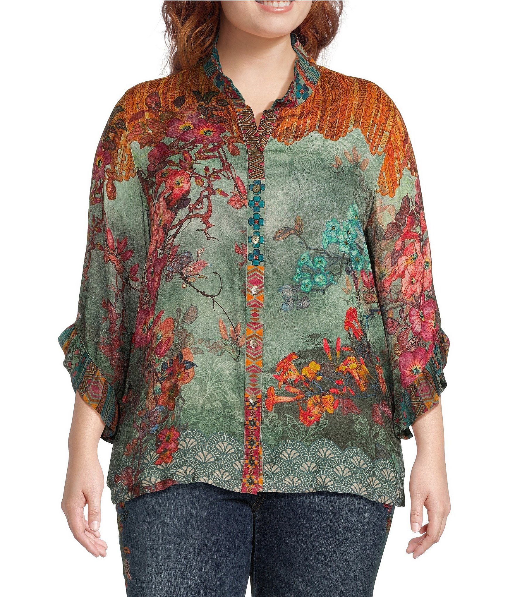 John Mark Plus Size Woven Floral Multiple Print Wire Neck 3 4 Ruffle