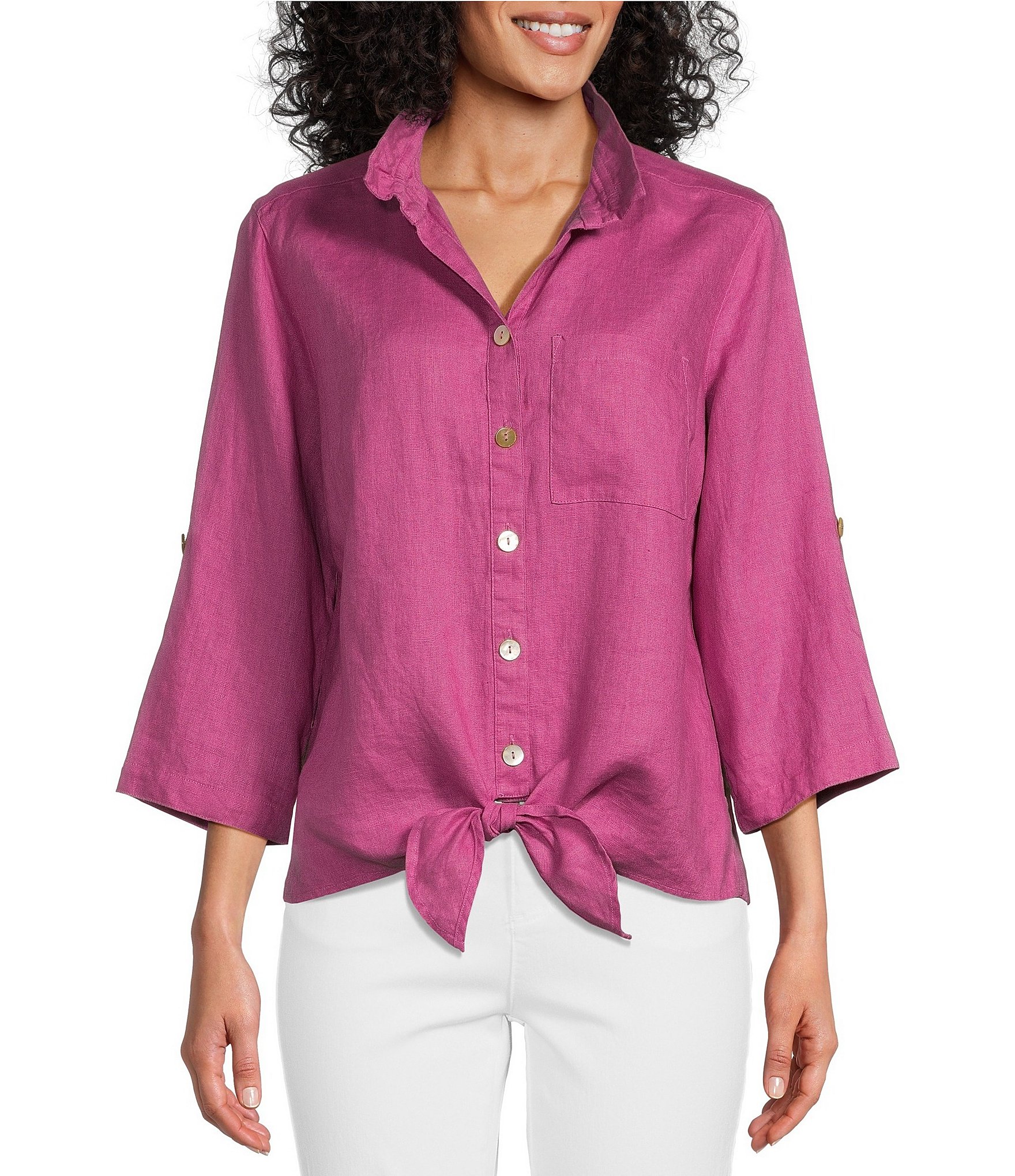 John Mark Point Collar 3 4 Sleeve Button Front Tie Top Dillards