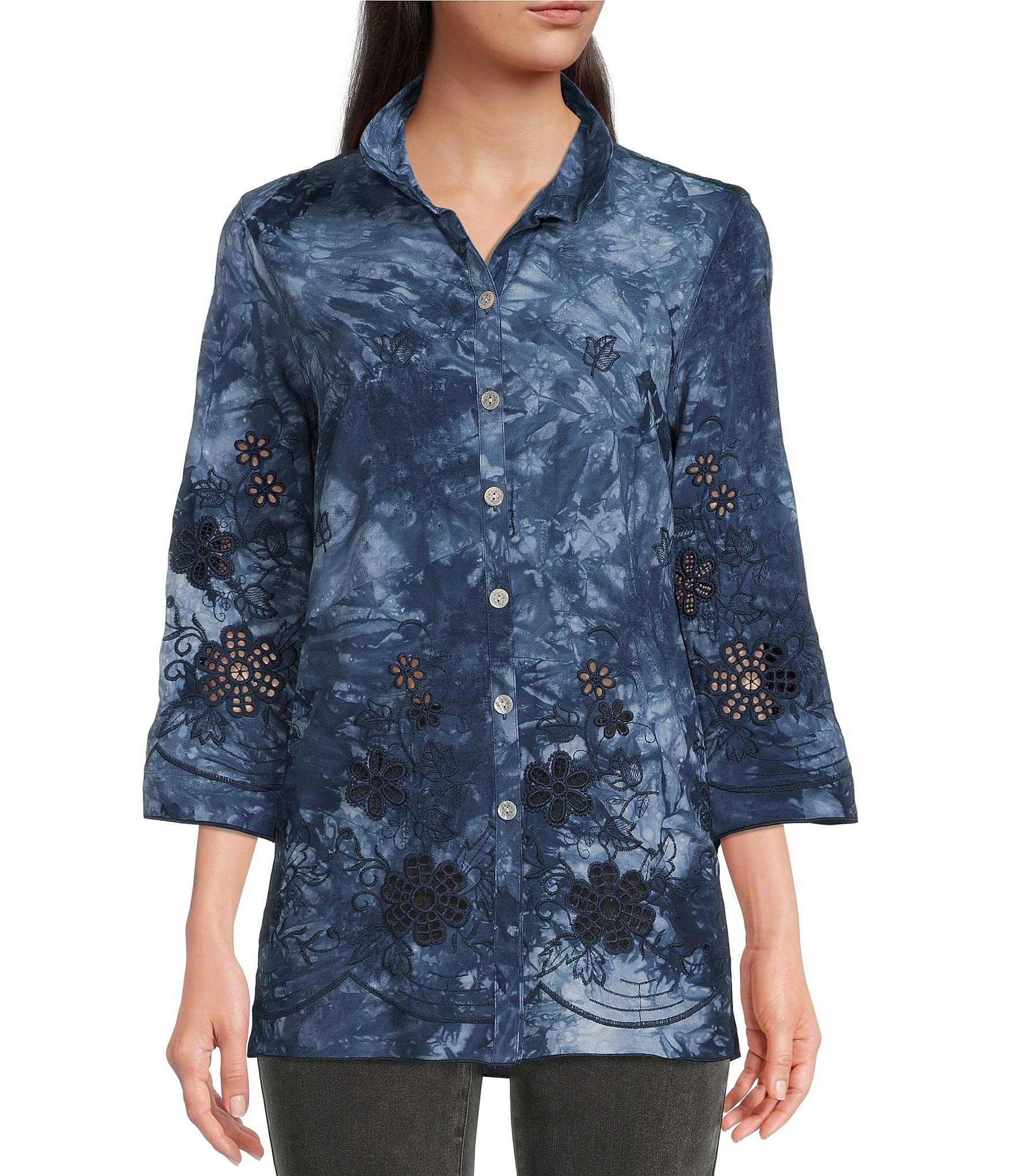 John Mark Tie Dye Print Floral Embroidered 3 4 Sleeve Point Collar