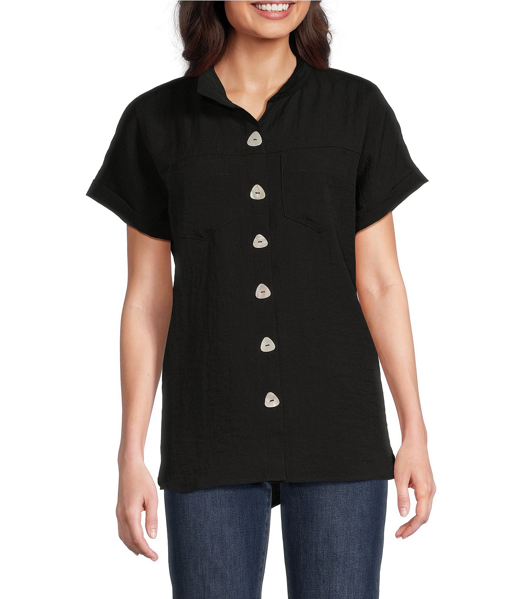 John Mark Wire Collar Short Dolman Sleeve Button-Front Camp Shirt | Dillard's