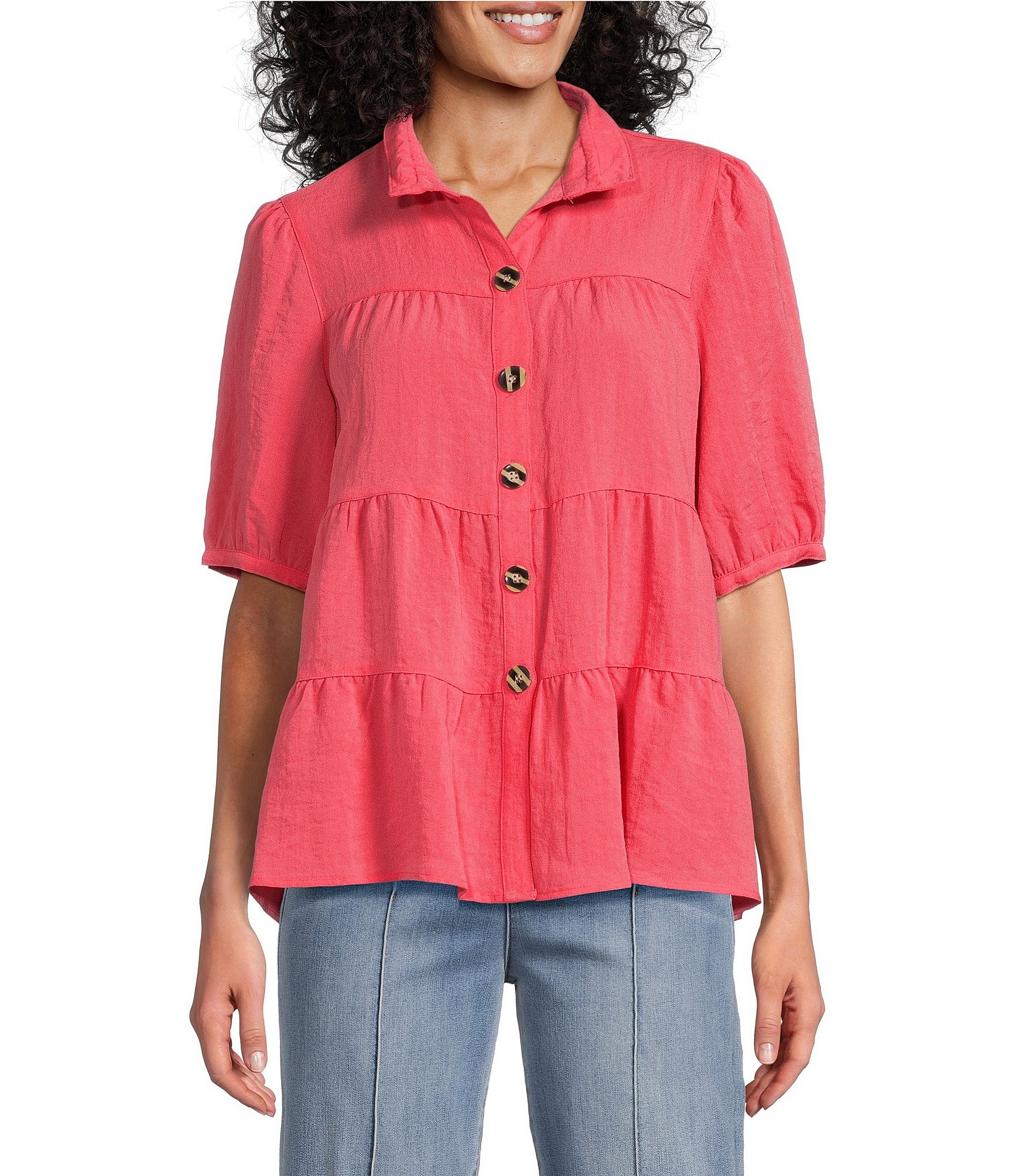 John Mark Wire Collar Short Sleeve Tiered Button-Front Top | Dillard's