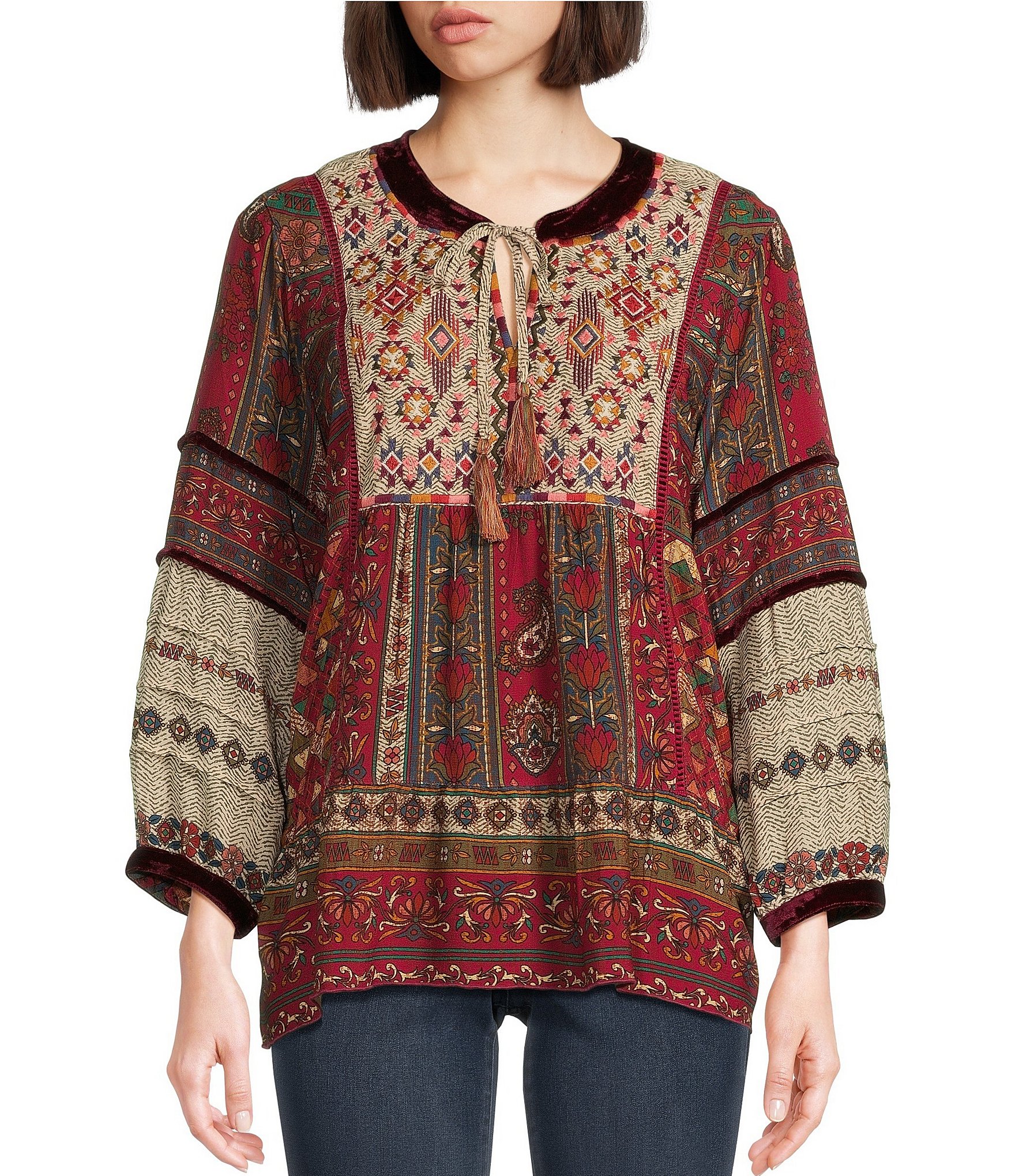 John Mark Woven Multi Print Embroidered Tassel Tie Split V Neck 3 4