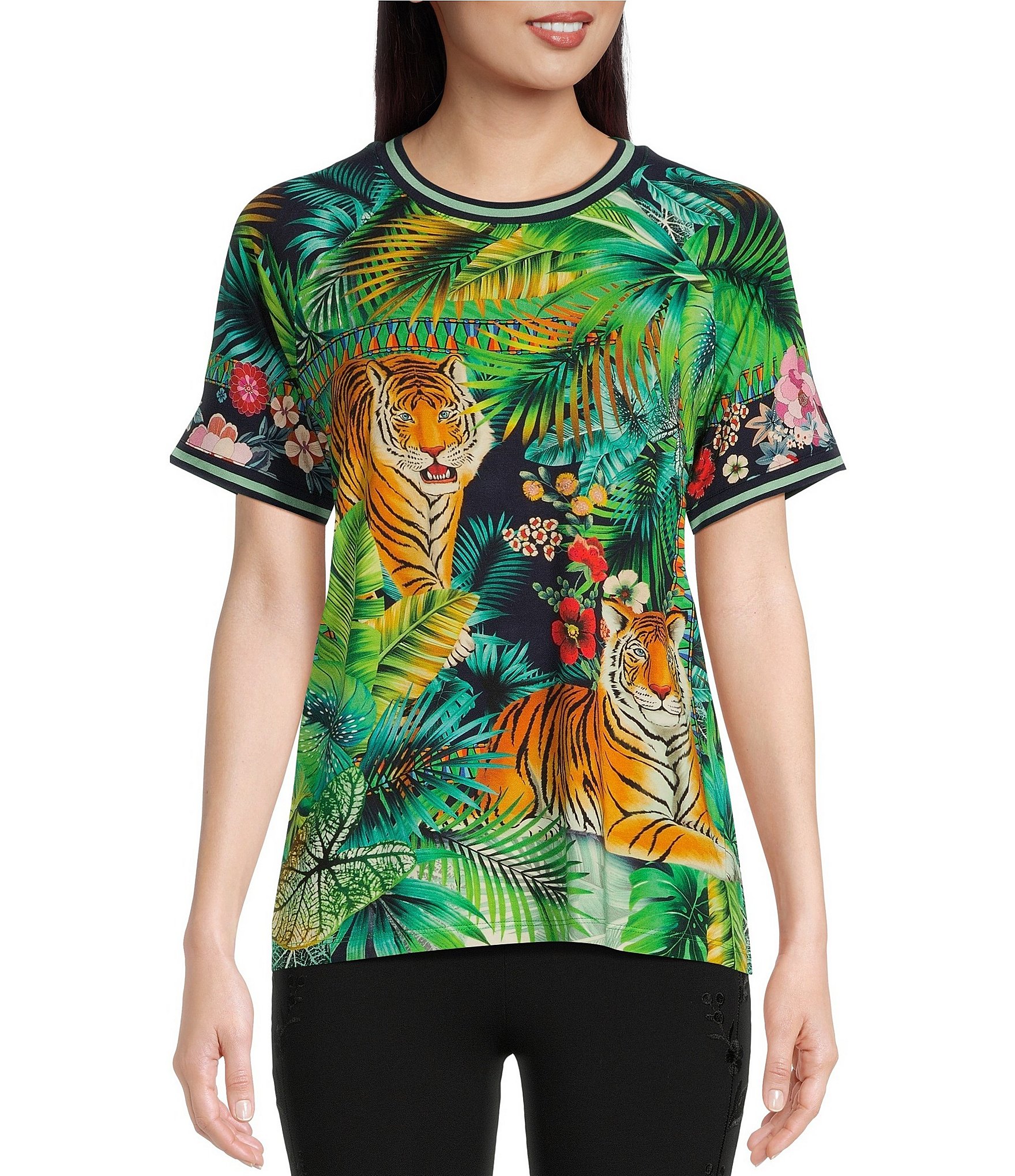 Johnny Was Bamboo Knit Janie Tigress Print Crew Neck Short Sleeve Tee