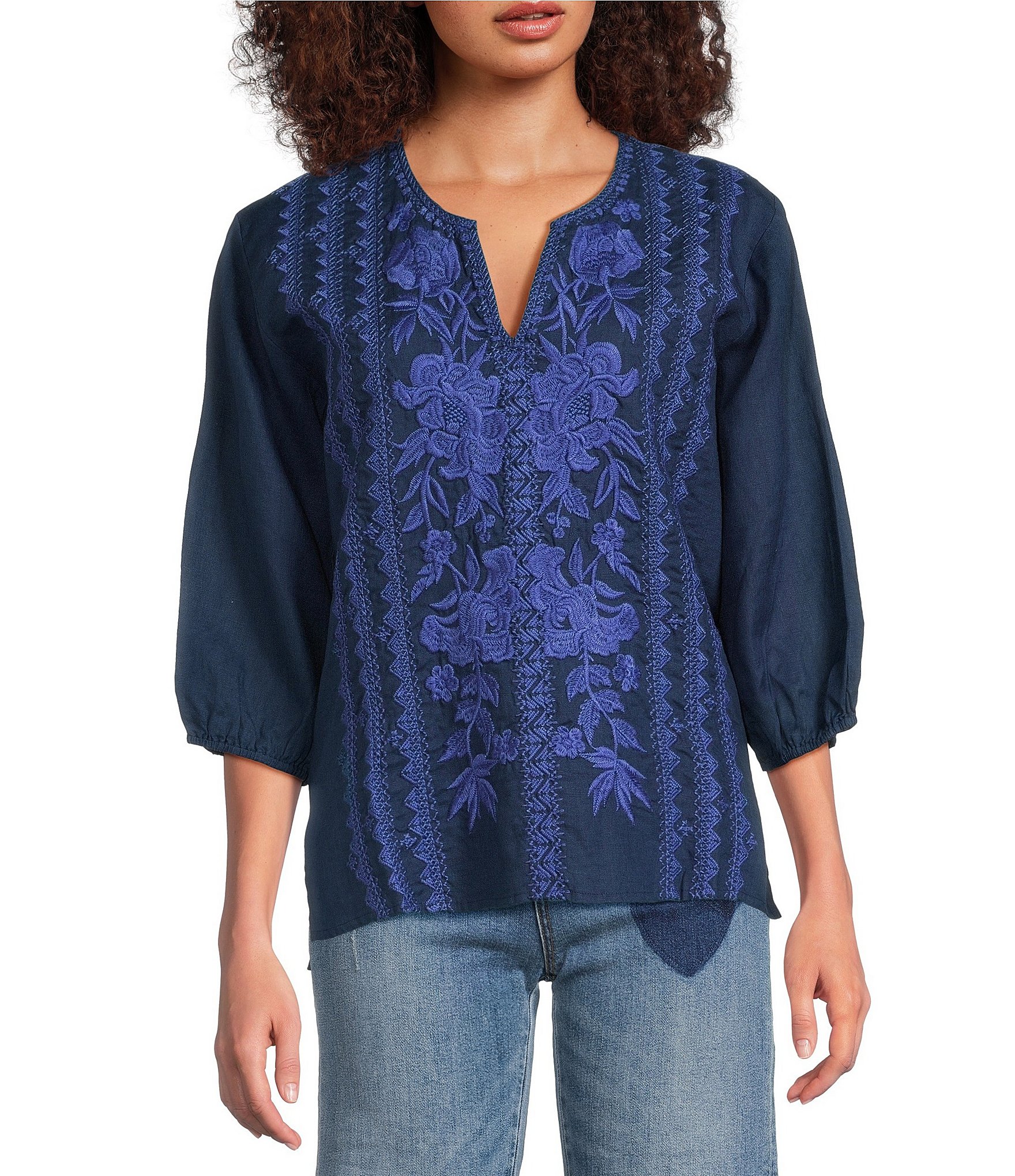 JOHNNY WAS Camille Embriordered Linen Split V-Neck 3/4 Puff Sleeve Blouse | Dillard's