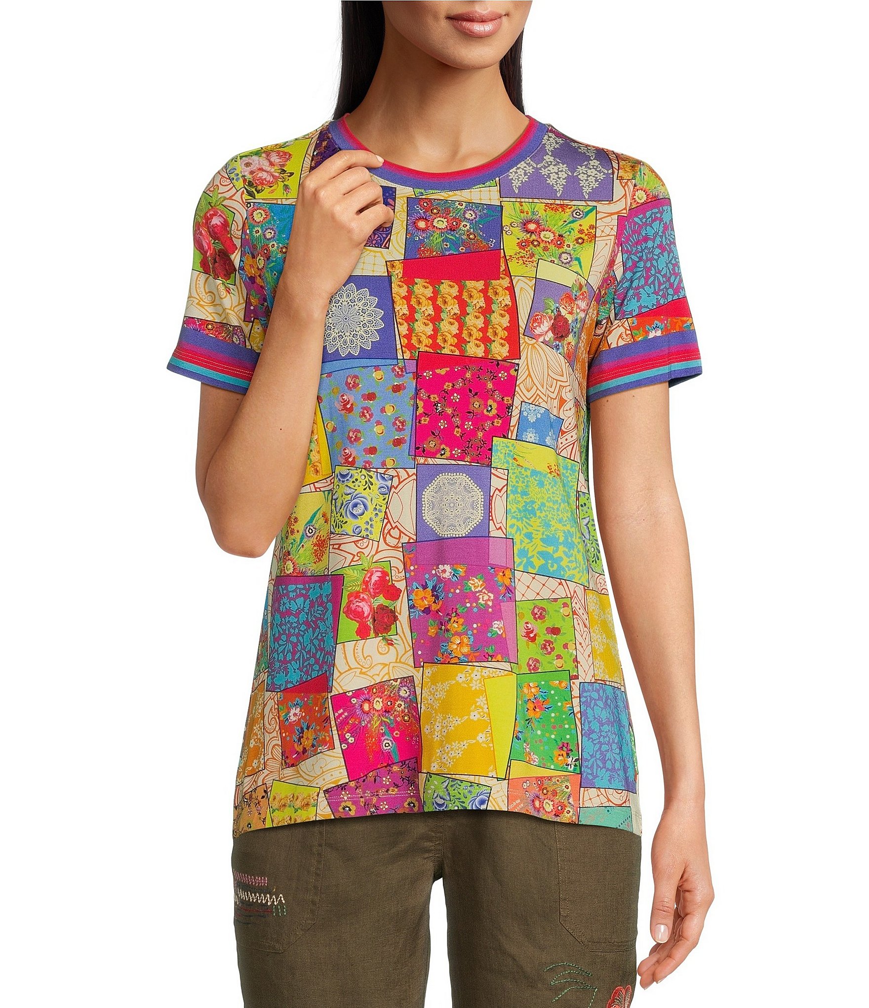 Johnny Was Janie Favorite Bamboo Knit Patchwork Print Crew Neck Short