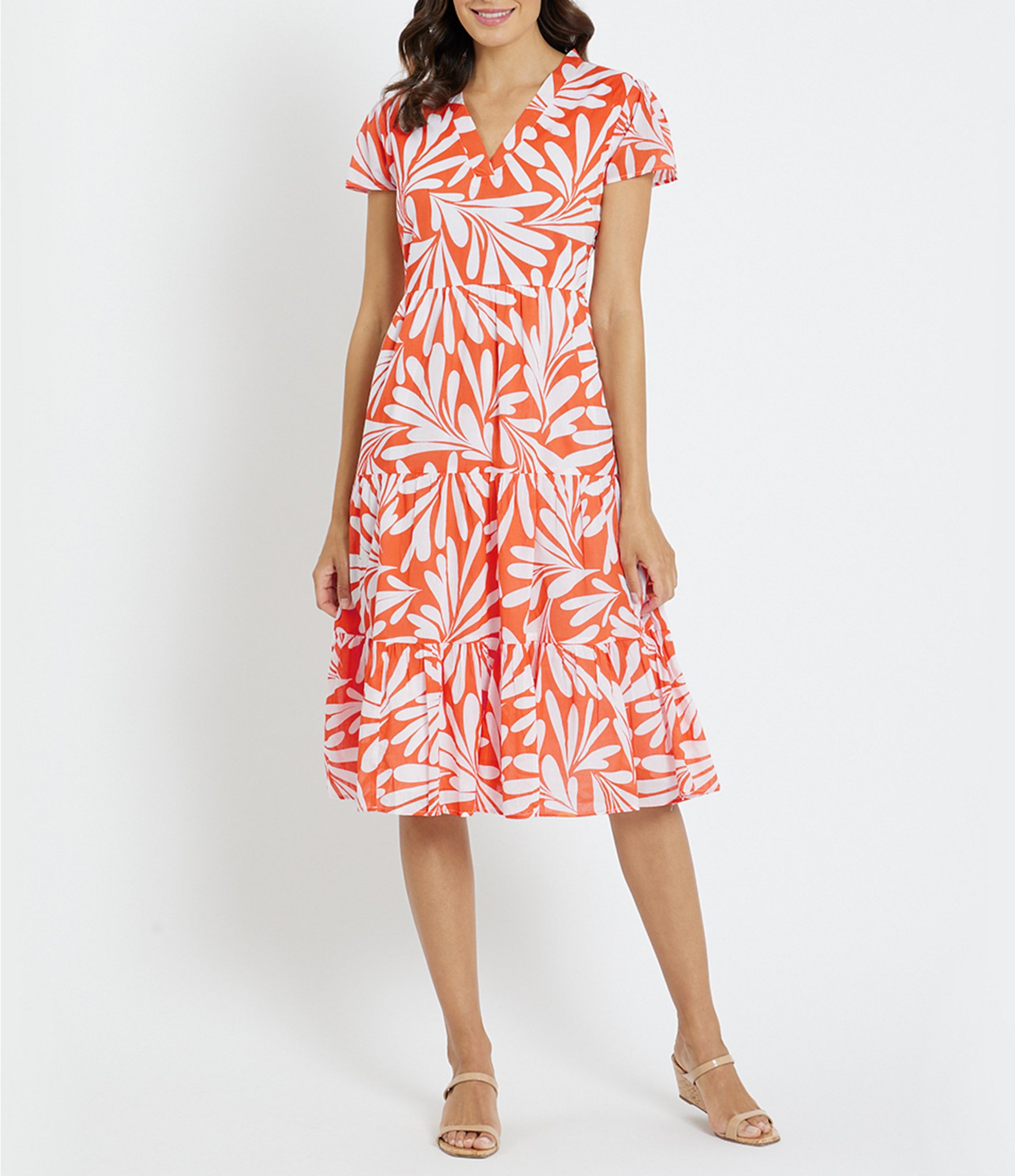 Jude Connally Eliza Ornamental Leaf Apricot Print Cotton Voile V Neck