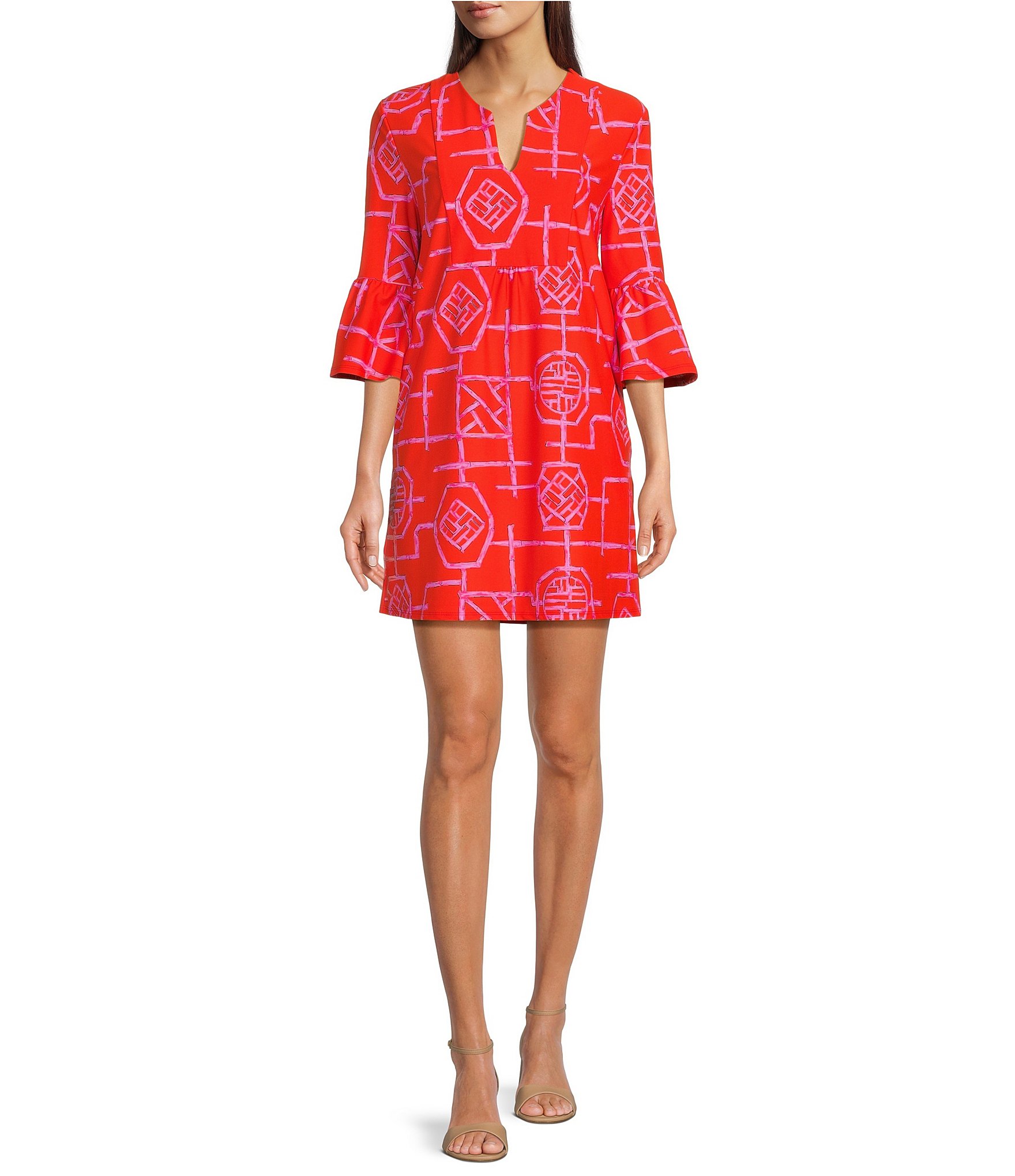 Jude Connally Kerry Bamboo Lattice Pink Apricot Geometric Print Split V