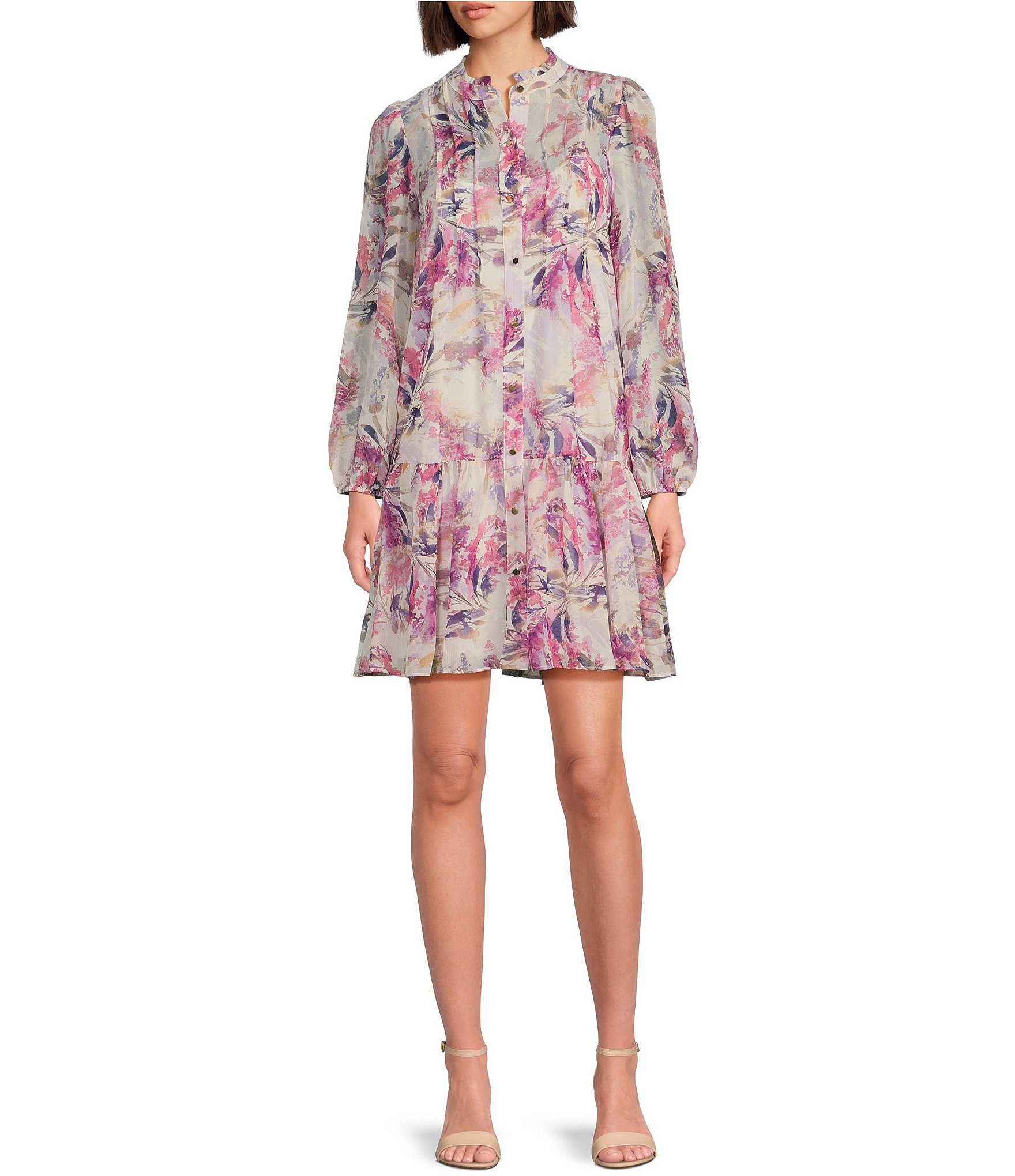 Julia Jordan Printed Chiffon Ruffled Mock Neck Long Puff Sleeve Dress
