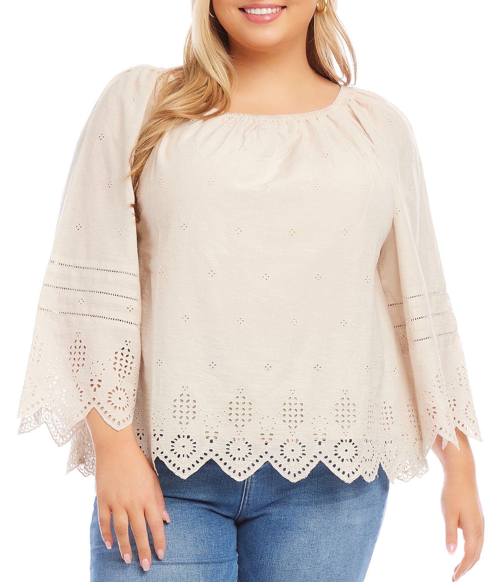 Karen Kane Plus Size Eyelet Scoop Neck Long Sleeve Scalloped Hem Peasant Top Dillards