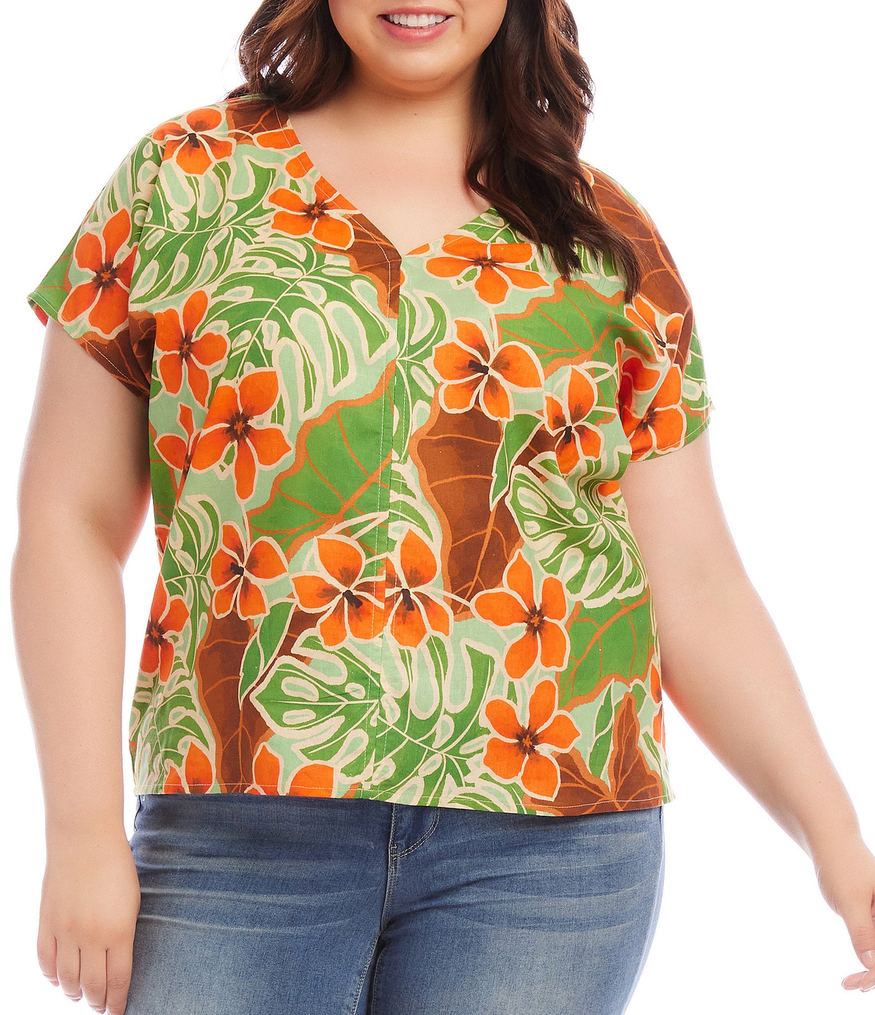 Karen Kane Plus Size Linen Blend Tropical Floral Print V Neck Short