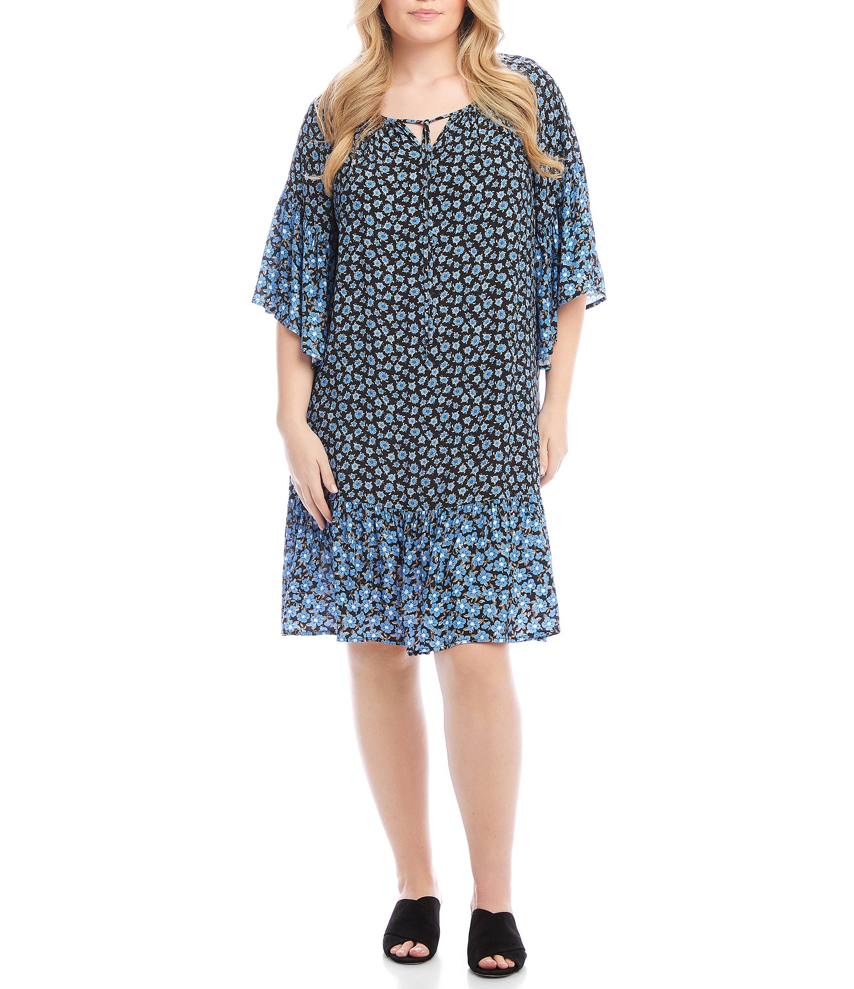 Karen Kane Plus Size Printed Split V-Neck 3/4 Bell Sleeve Contrast ...