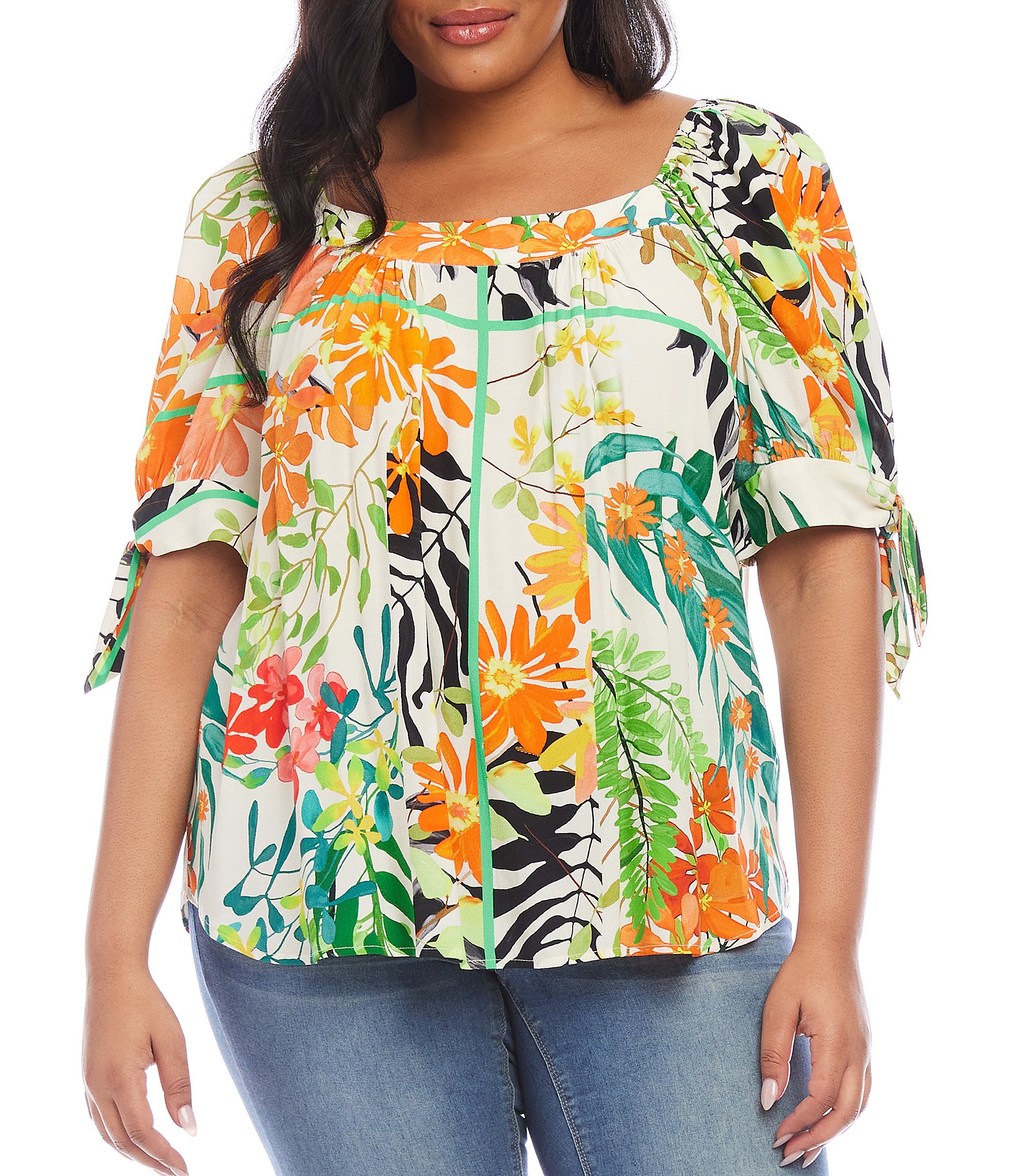 Karen Kane Plus Size Woven Wild Floral Print Square Neck Short Puff Tie