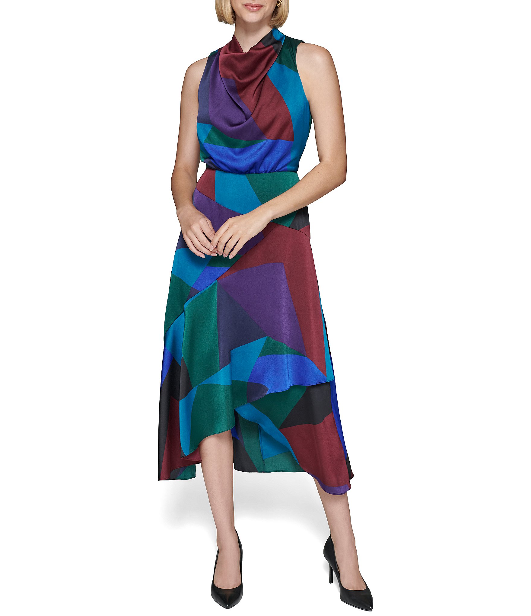 KARL LAGERFELD PARIS Color Block Satin Crepe Mock Cowl Neck KARL LAGERFELD PARIS Color Block Satin Crepe Mock Cowl Neck