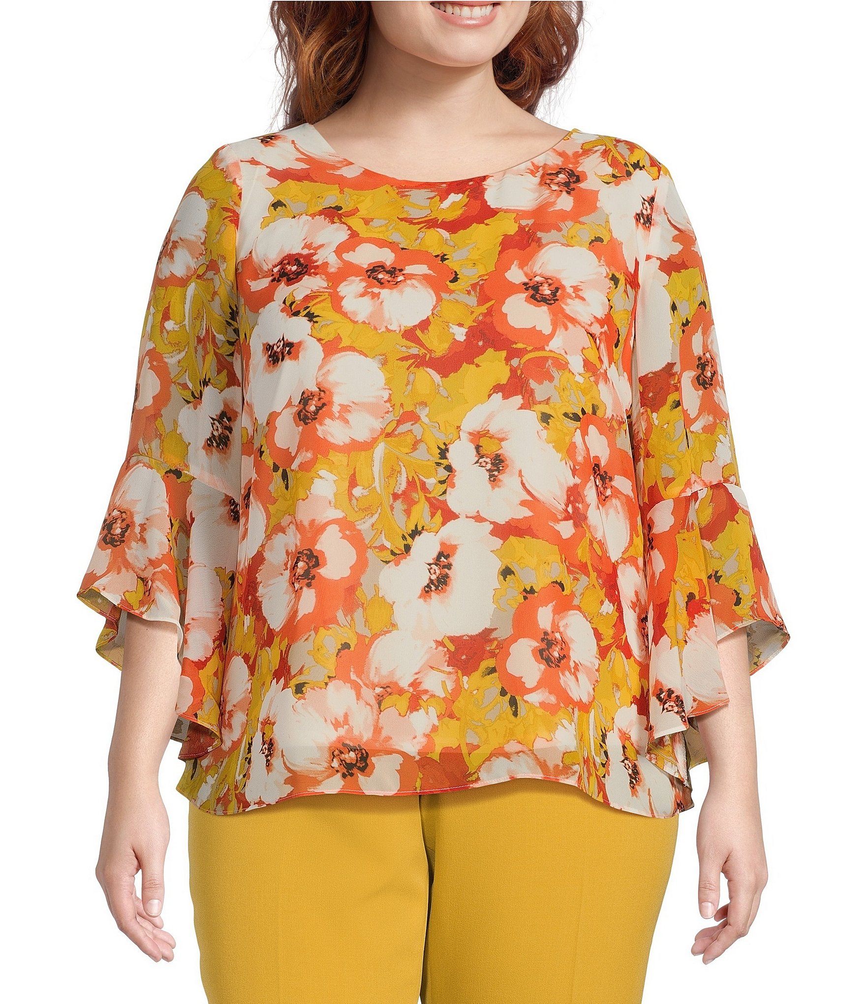 Kasper Plus Size Floral Printed Crew Neckline Ruffle 3/4 Sleeve Blouse ...