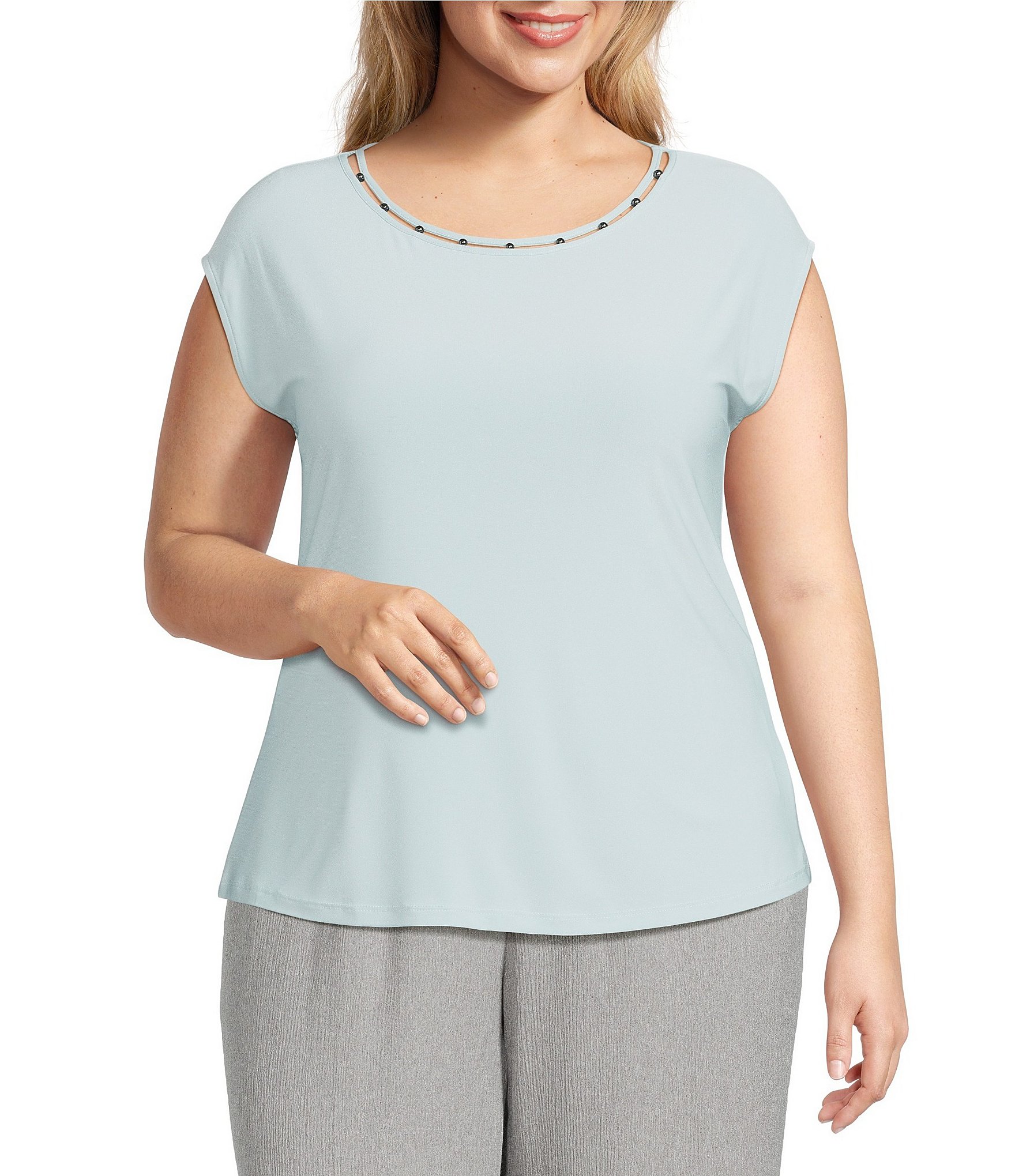 Kasper Plus Size Beaded Round Neck Cap Sleeve Top | Dillard's