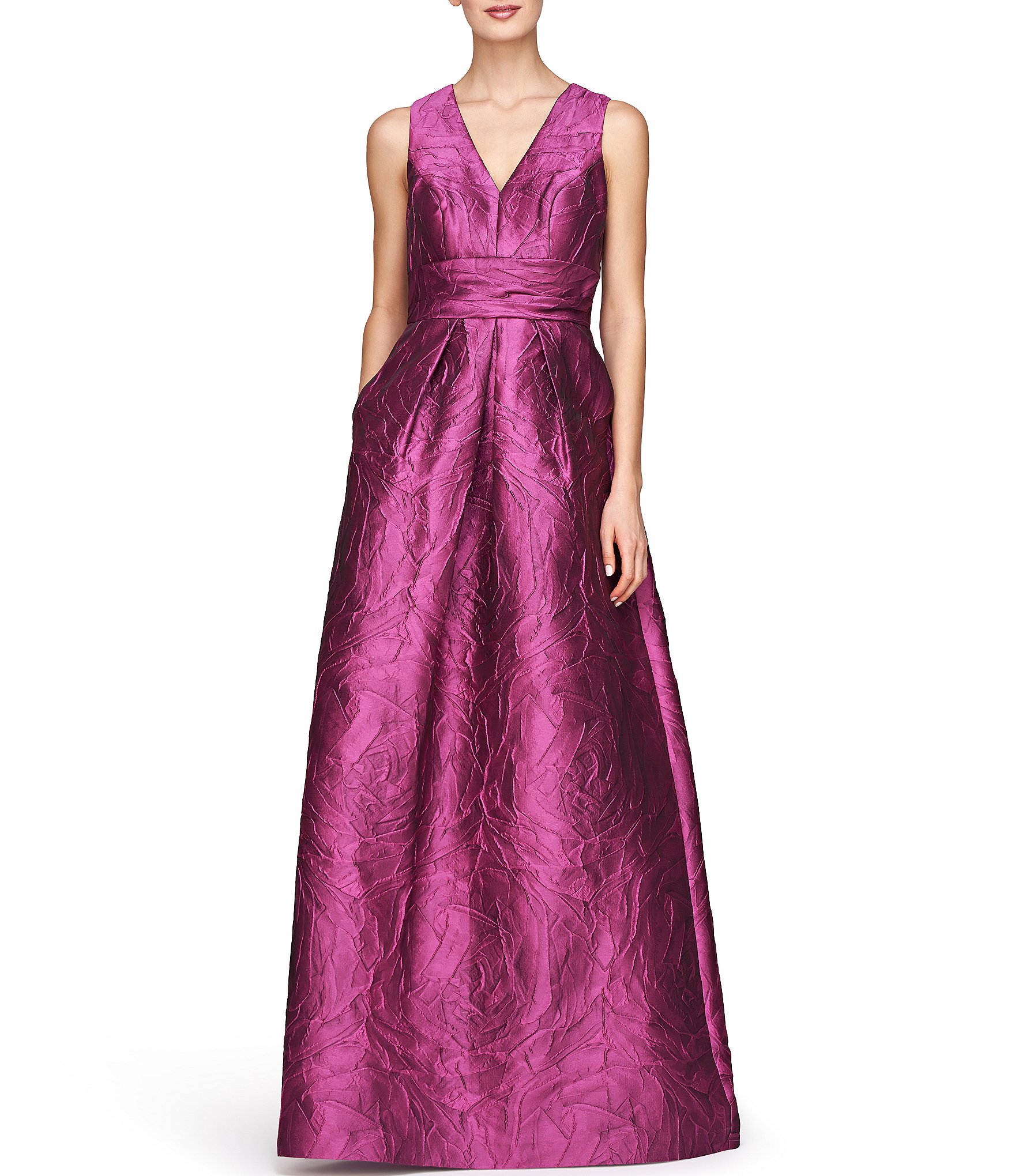 Kay Unger Jacquard V-Neck Sleeveless Pleated Gown | Dillard's