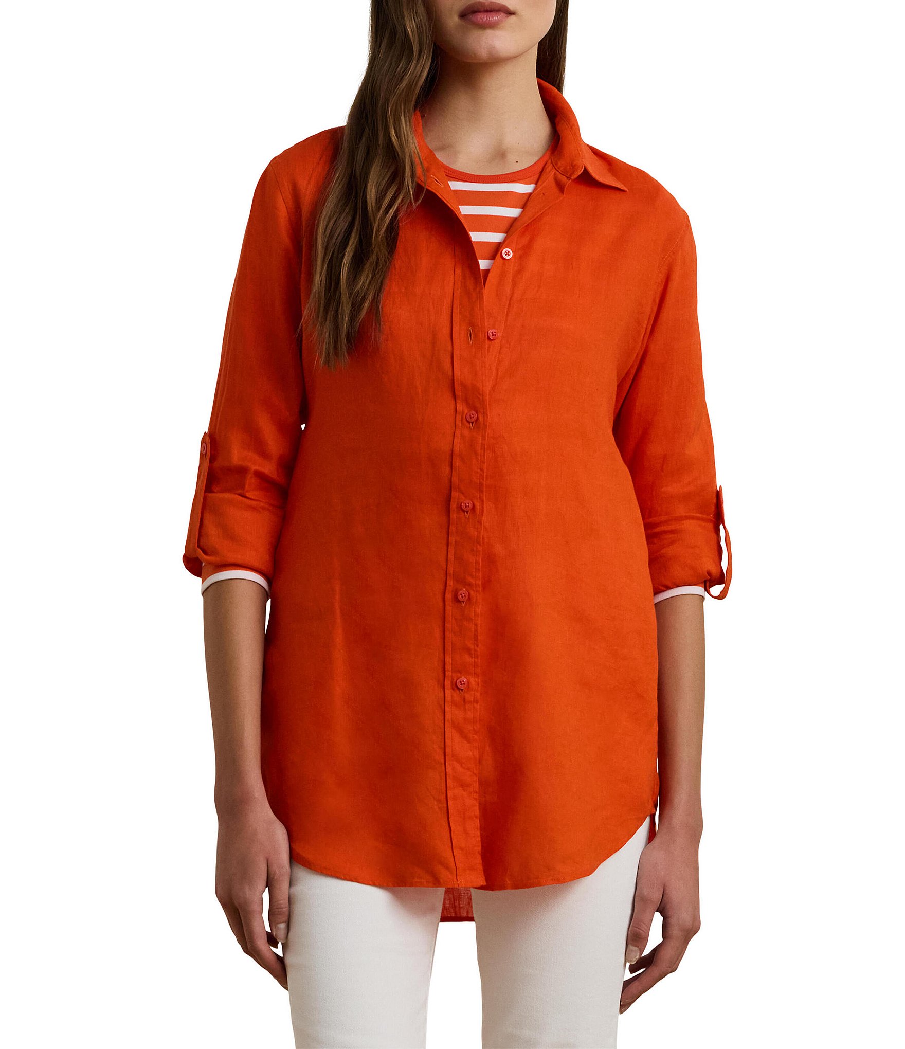 Lauren Ralph Lauren Linen Point Collar Long Roll Tab Sleeve Button-Front Shirt | Dillard's