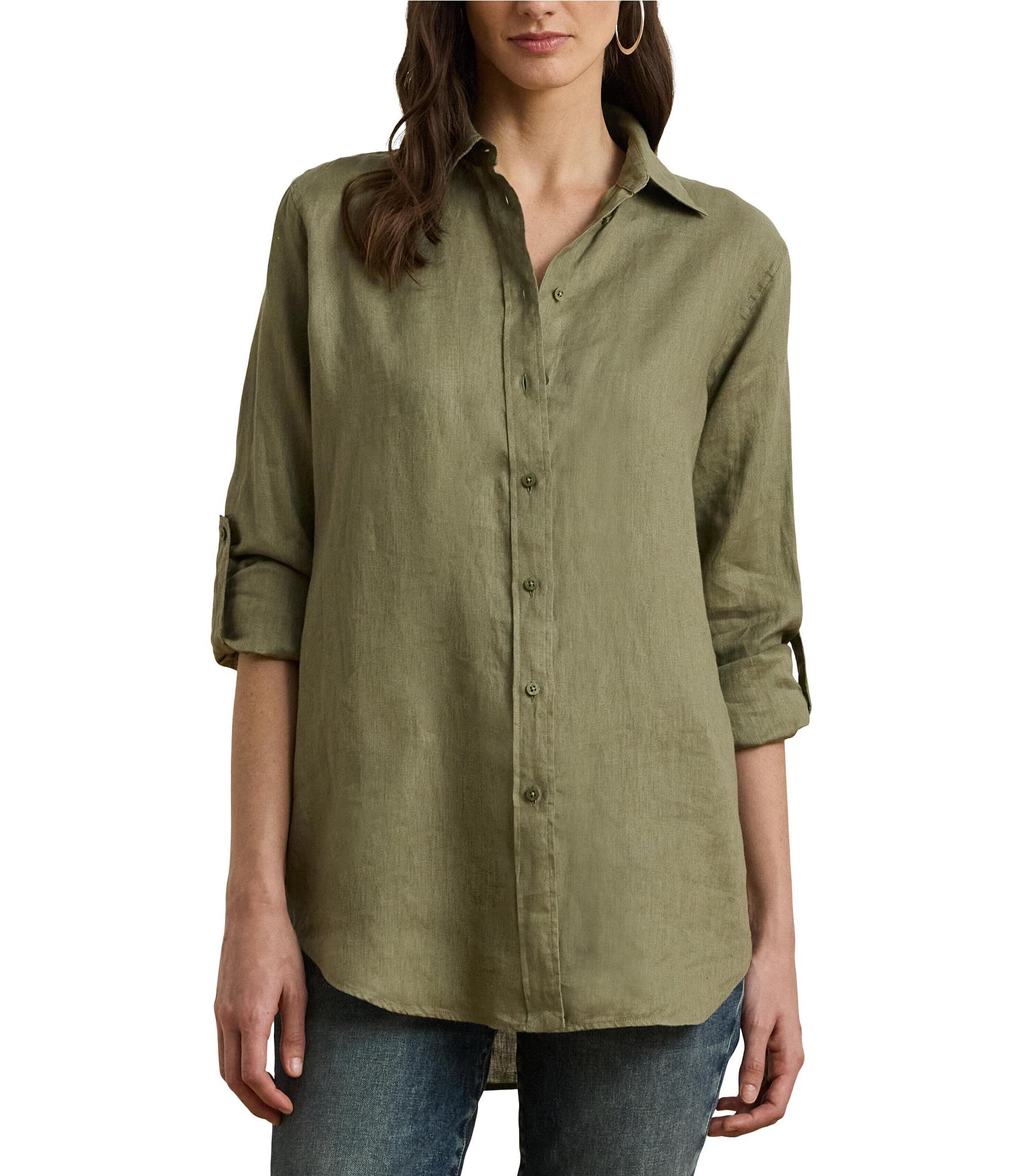 Lauren Ralph Lauren Linen Point Collar Long Sleeve Button Front Shirt | Dillard's