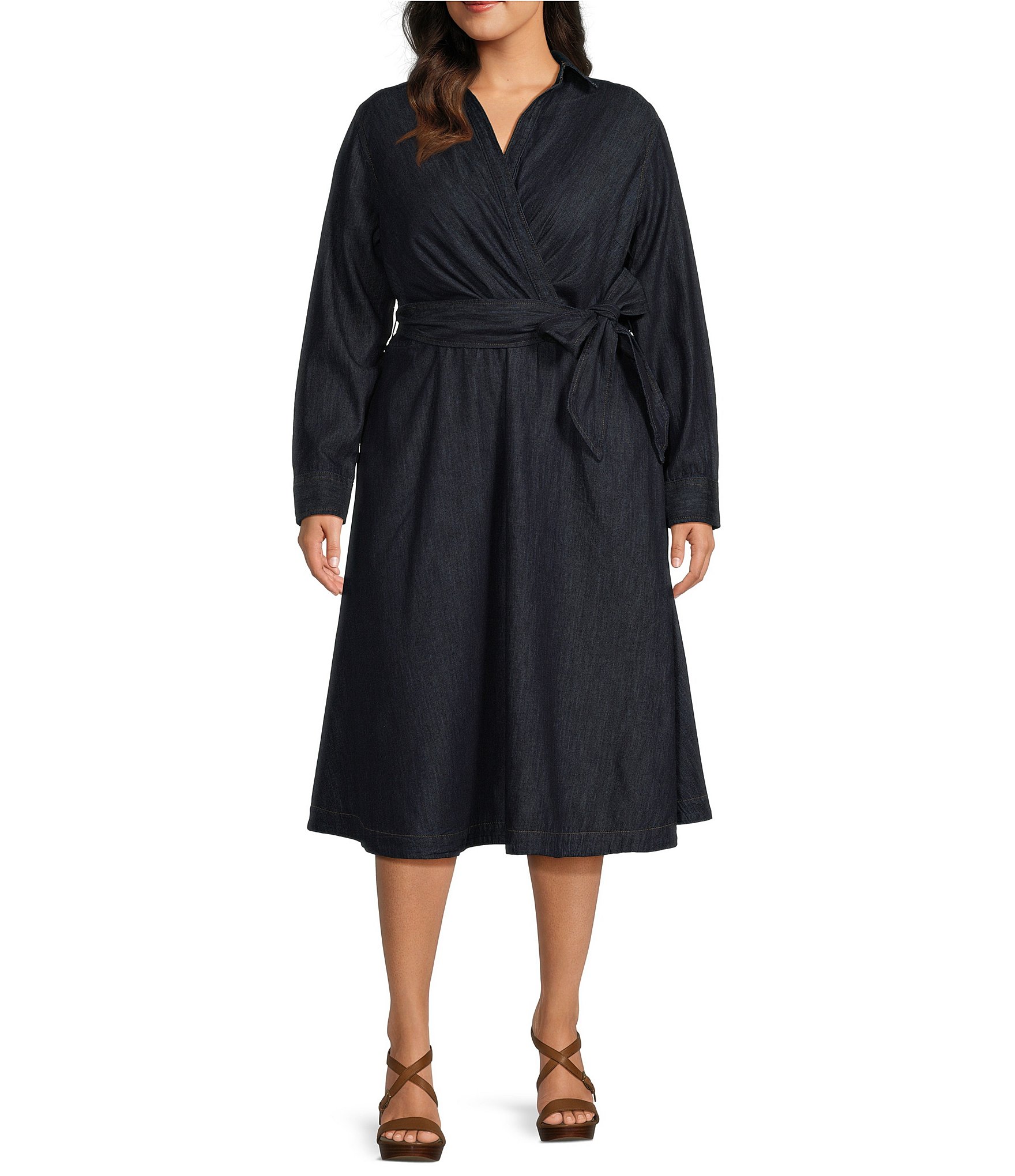 Lauren Ralph Lauren Plus Size Long Sleeve Point Collar Tie Waist Midi