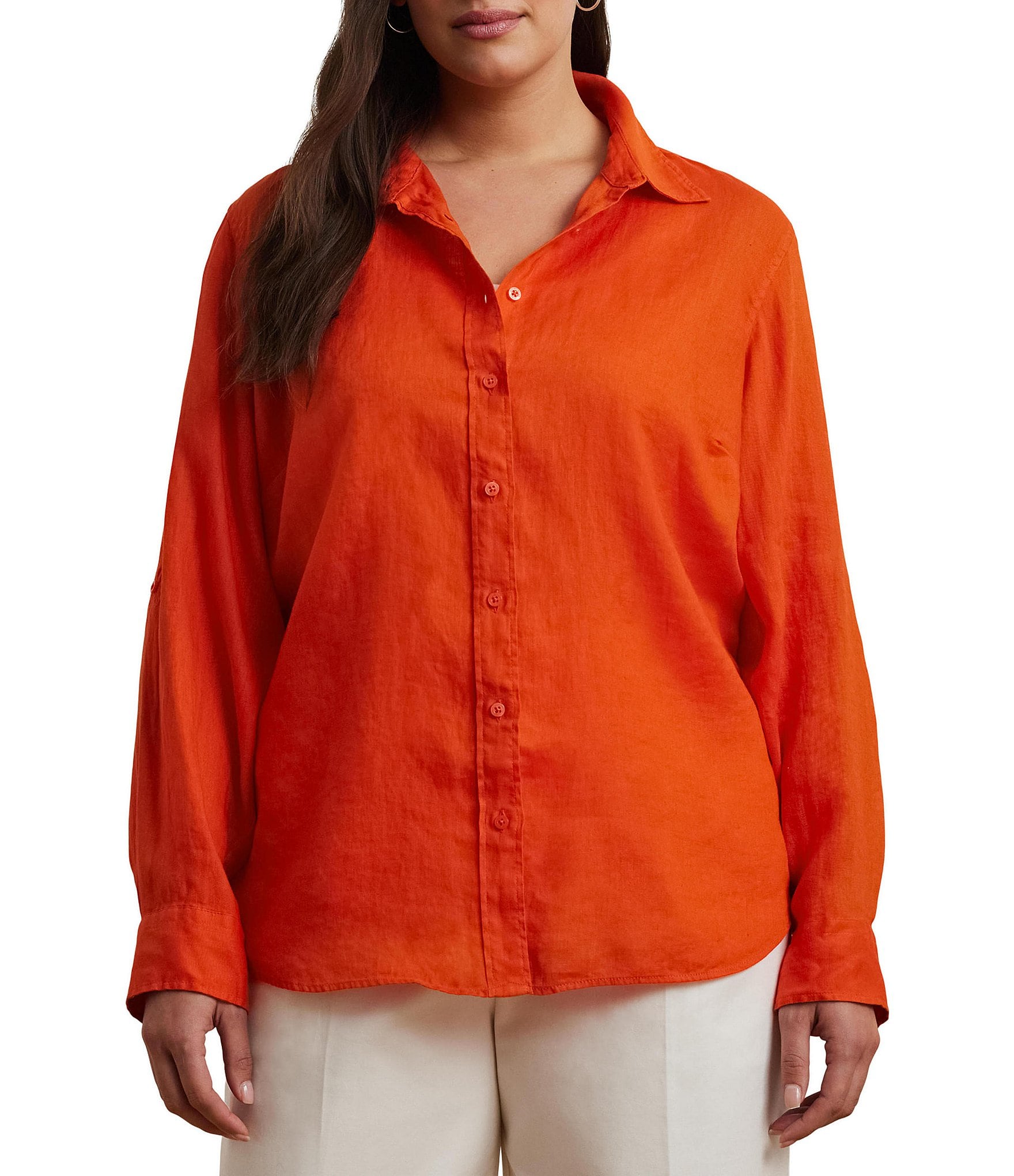 Lauren Ralph Lauren Plus Size Point Collar Long Roll-Tab Sleeve Button Front Linen Shirt | Dillard's