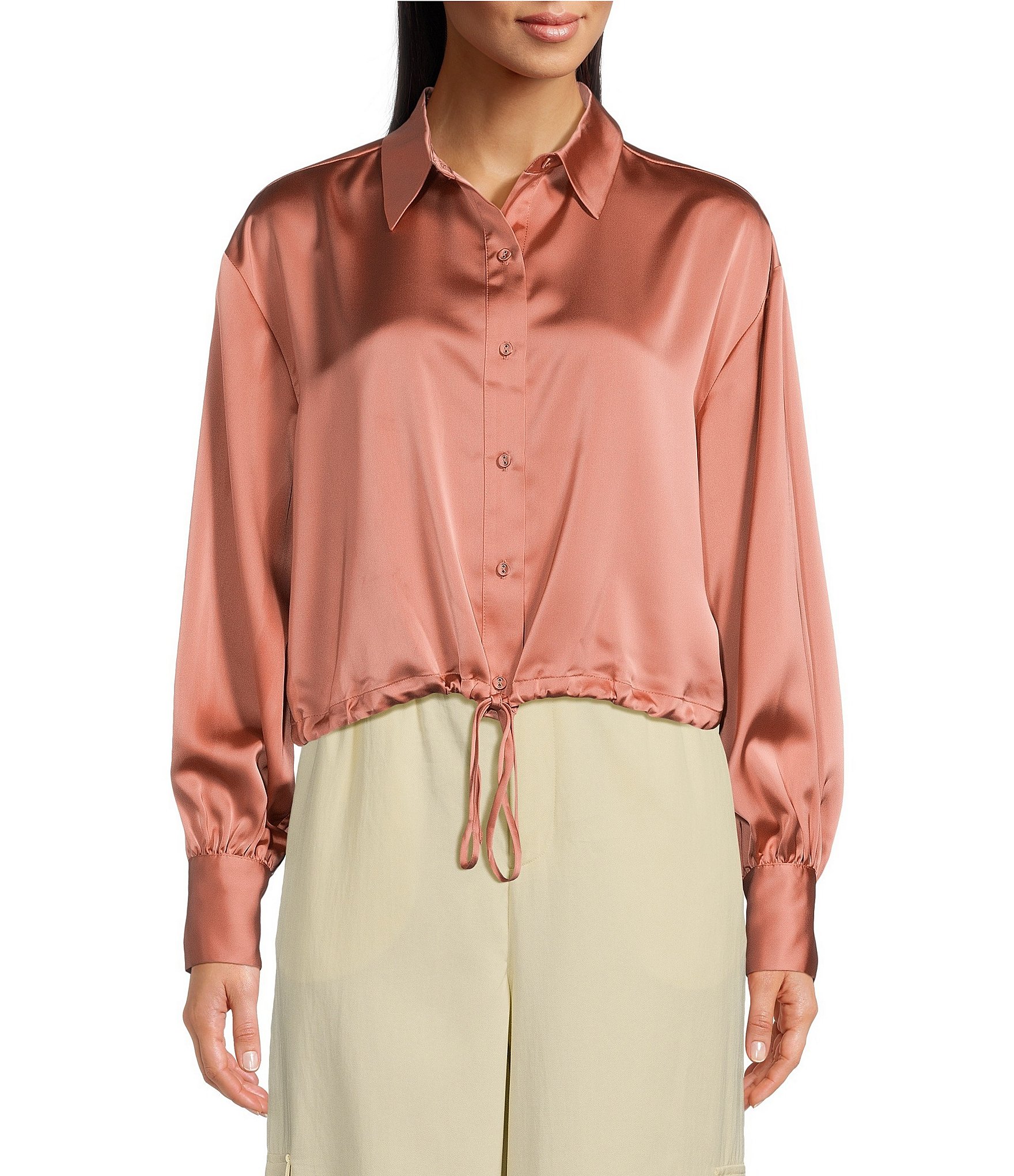 Le Al X Coordinating Bishop Sleeve Button Front Tie Waist Blouse