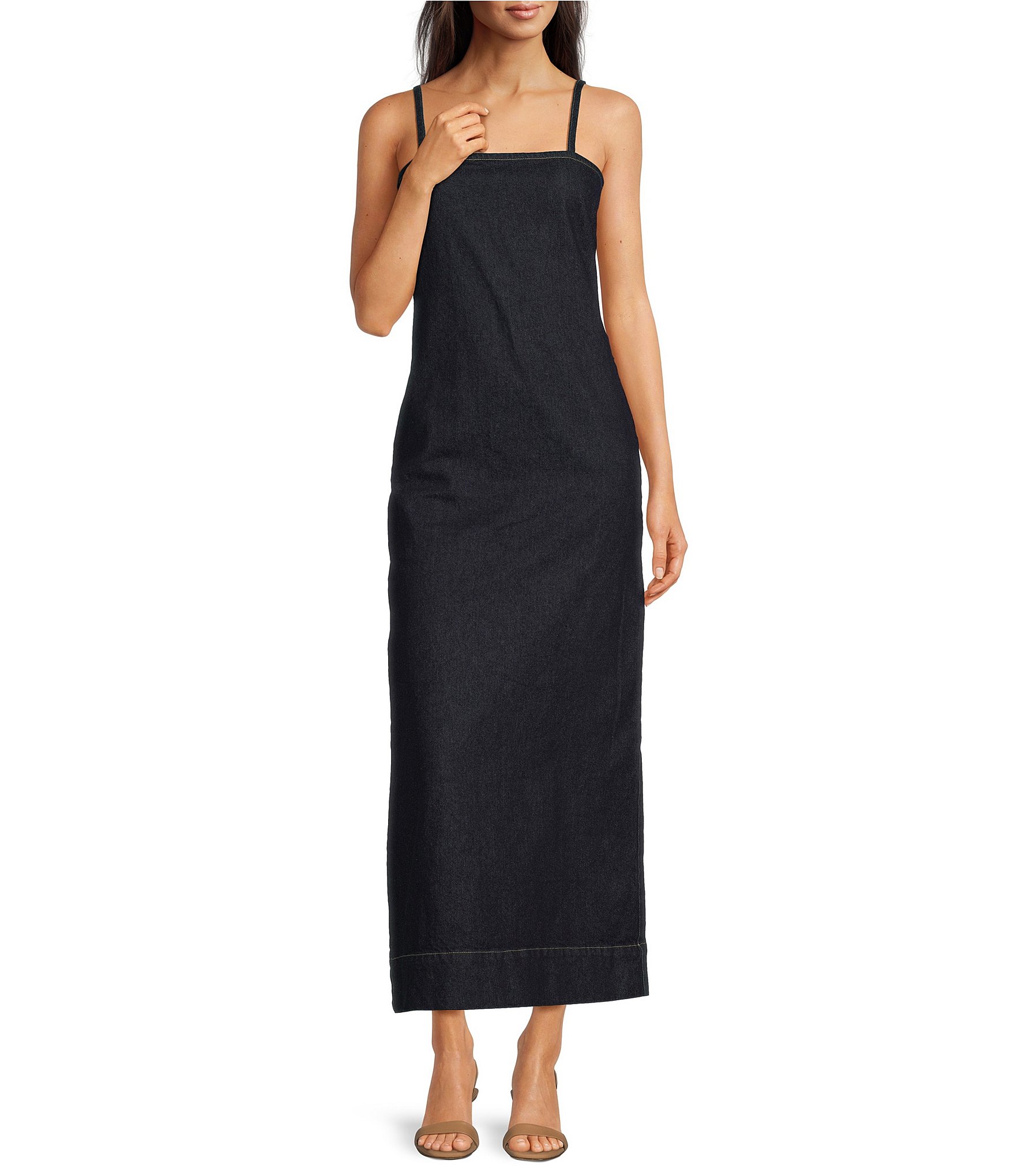 Le' AL.X Dark Rinse Denim Square Neck Spaghetti Strap Back Split Hem ...