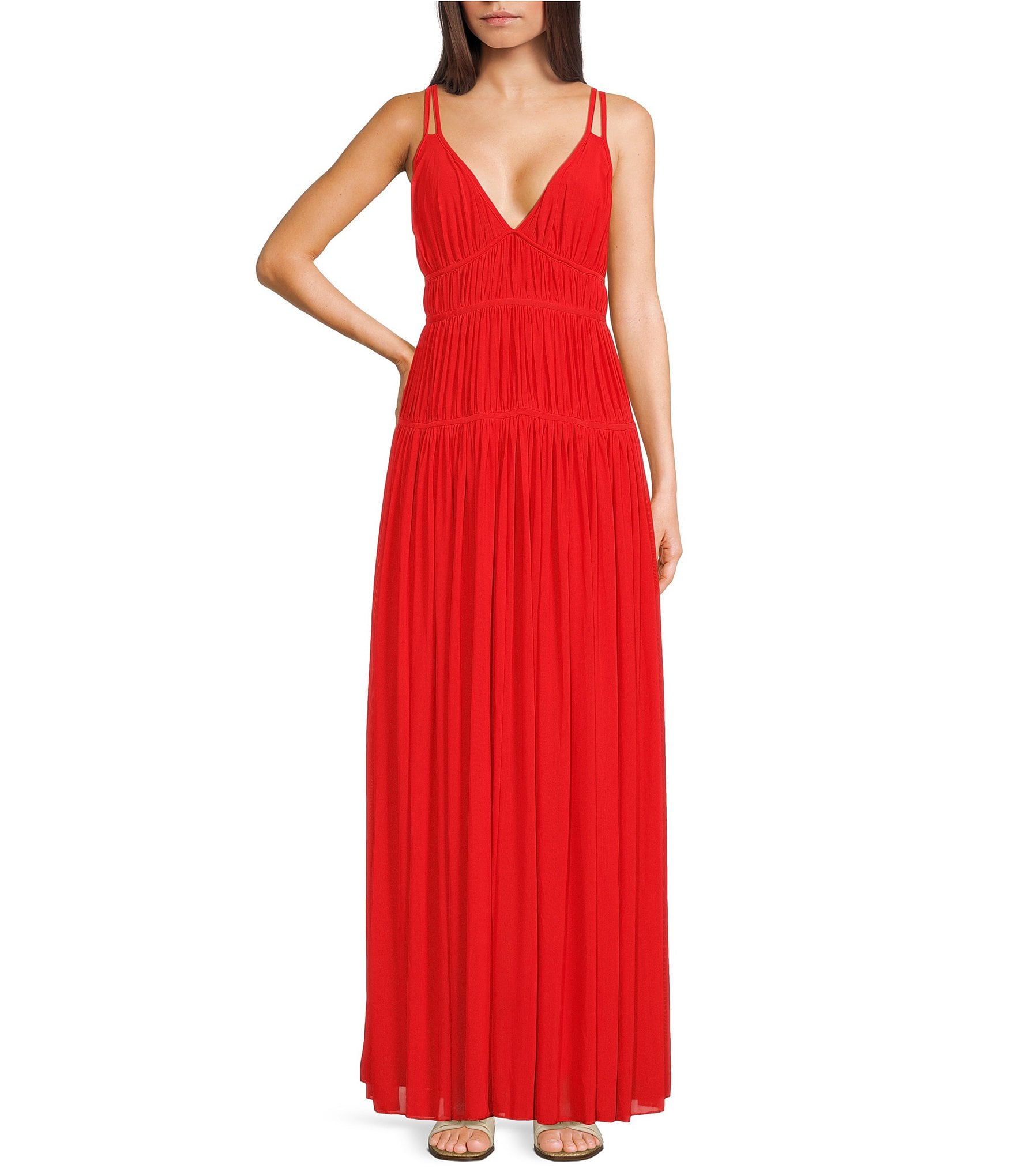 Le Al X Mesh Sleeveless Deep V Neck Low Back Empire Waist Maxi Dress