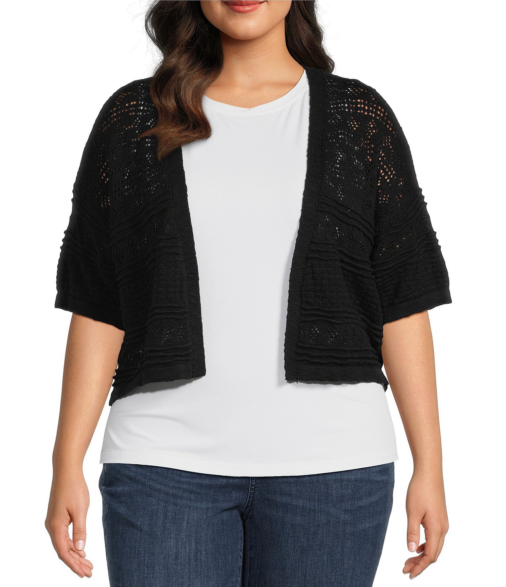 Leo & Nicole Plus Size Elbow Sleeve Open-Front Shrug | Dillard's