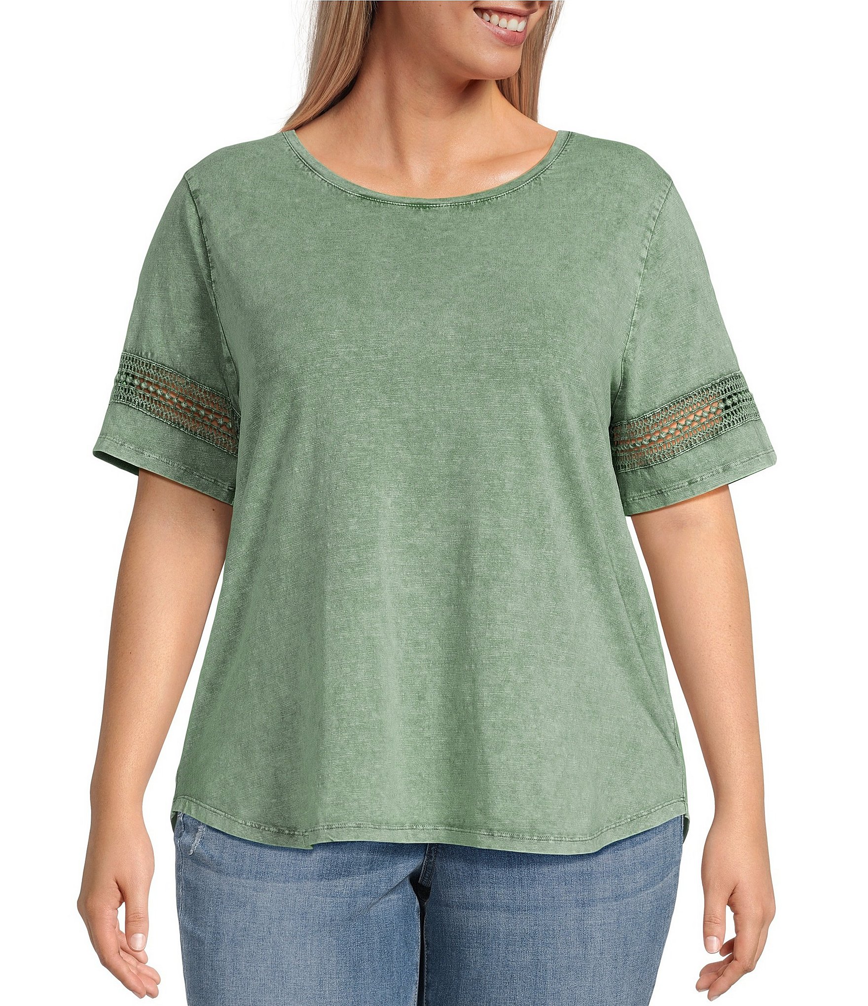 Leo And Nicole Plus Size Stretch Acid Wash Crew Neck Short Crochet Trim Sleeve Knit Tee Top