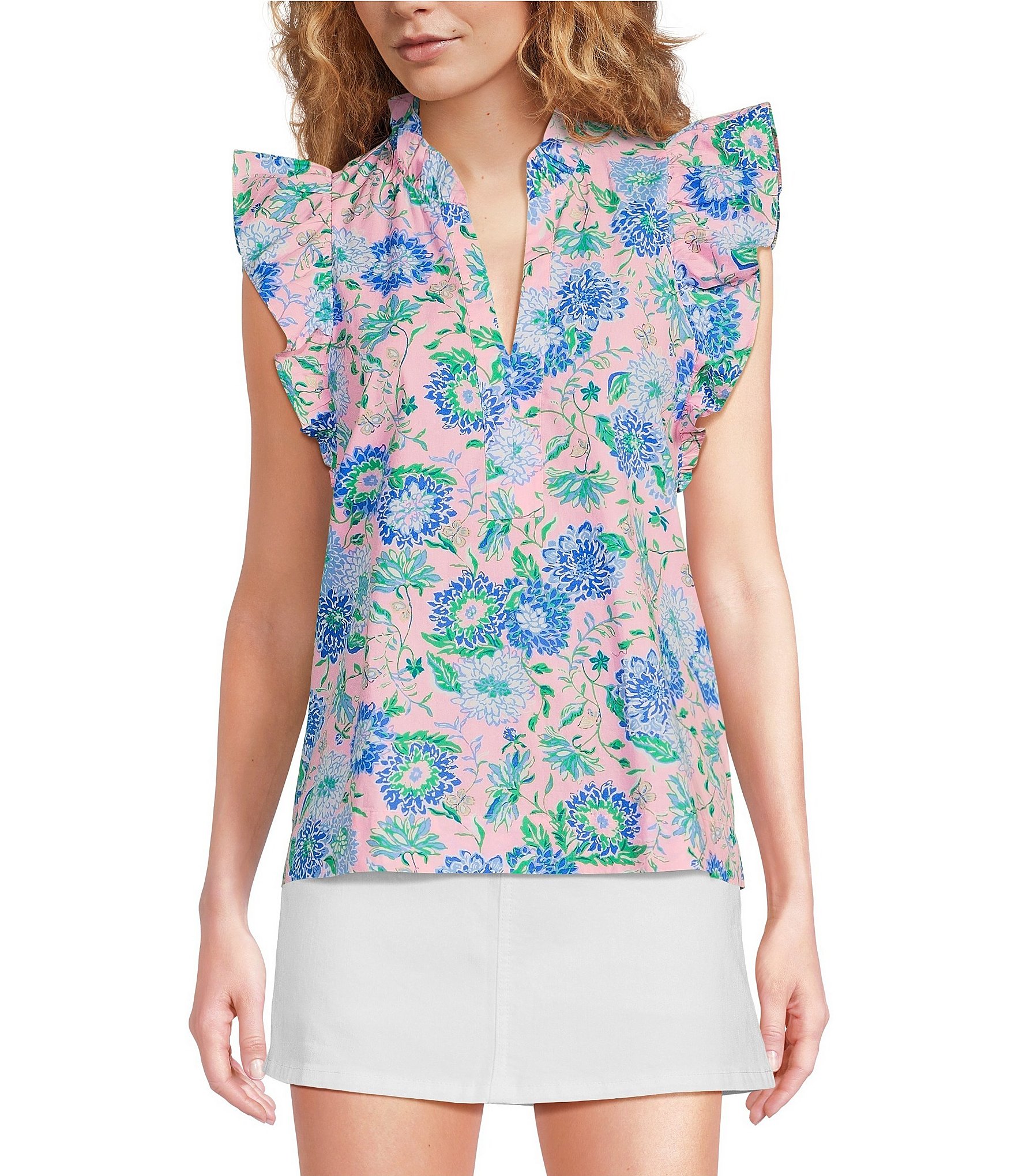 Lilly Pulitzer Klaudie Woven Floral Print V Neck Cap Sleeve Ruffle Trim