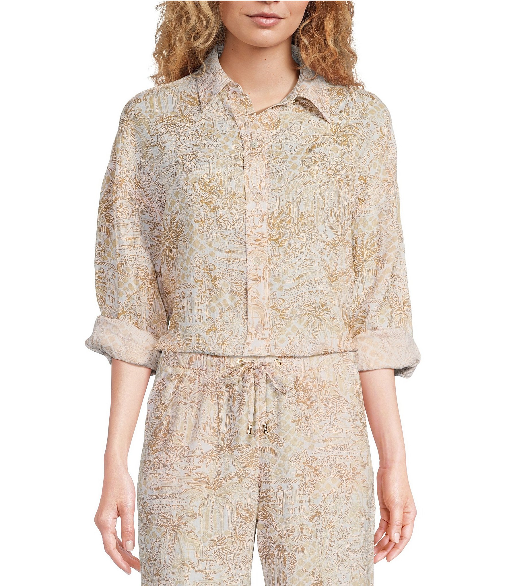 Lilly Pulitzer Stevey Relax Woven Linen Sand Bar Palm Beach Print Point Collar Long Sleeve ...