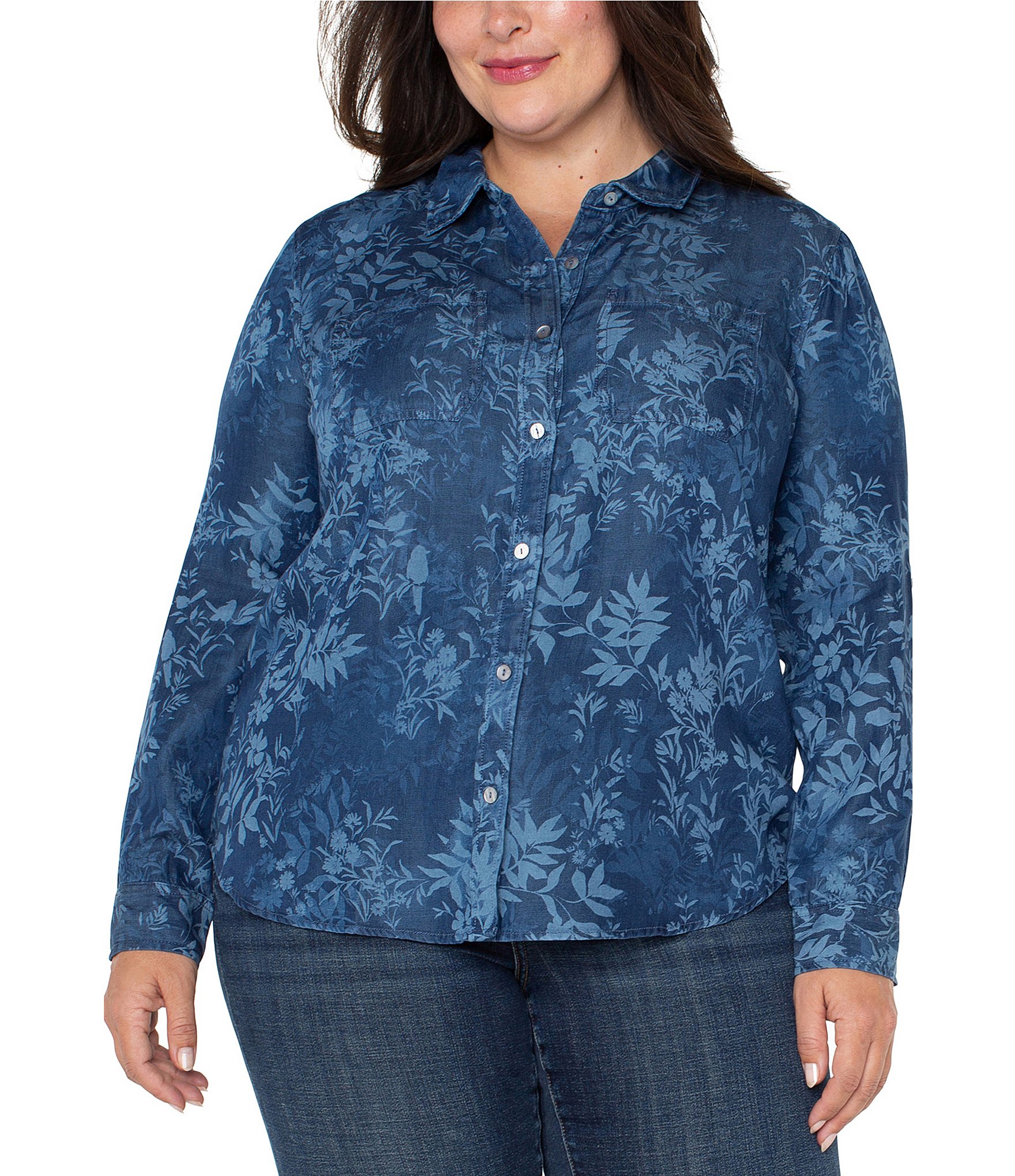 Liverpool Los Angeles Plus Size Floral Point Collar Long Sleeve Blouse ...