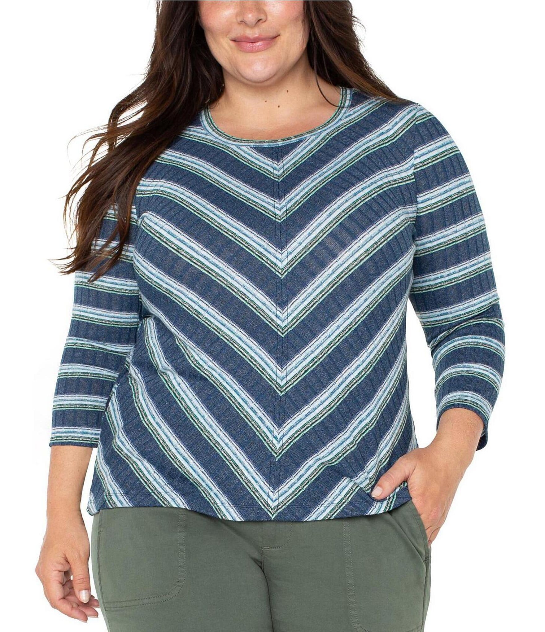 Liverpool Los Angeles Plus Size Stretch Ribbed Knit Stripe Print Scoop