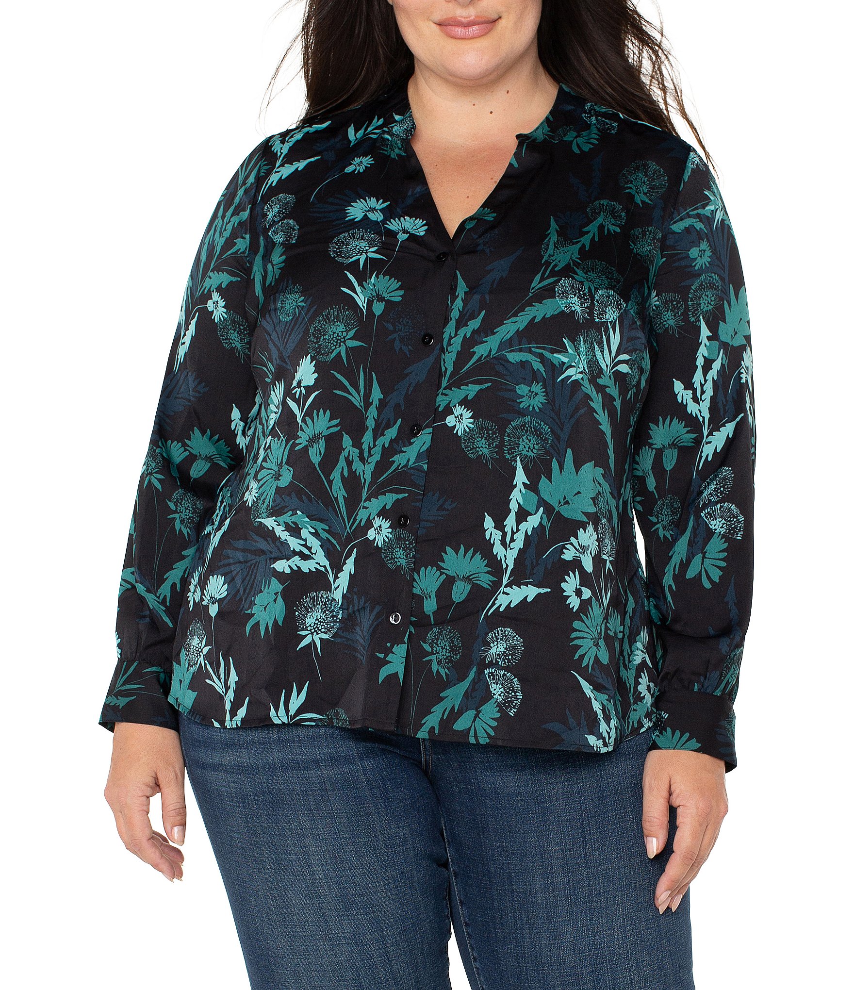 Liverpool Los Angeles Plus Size Woven Collared Long Sleeve Top | Dillard's