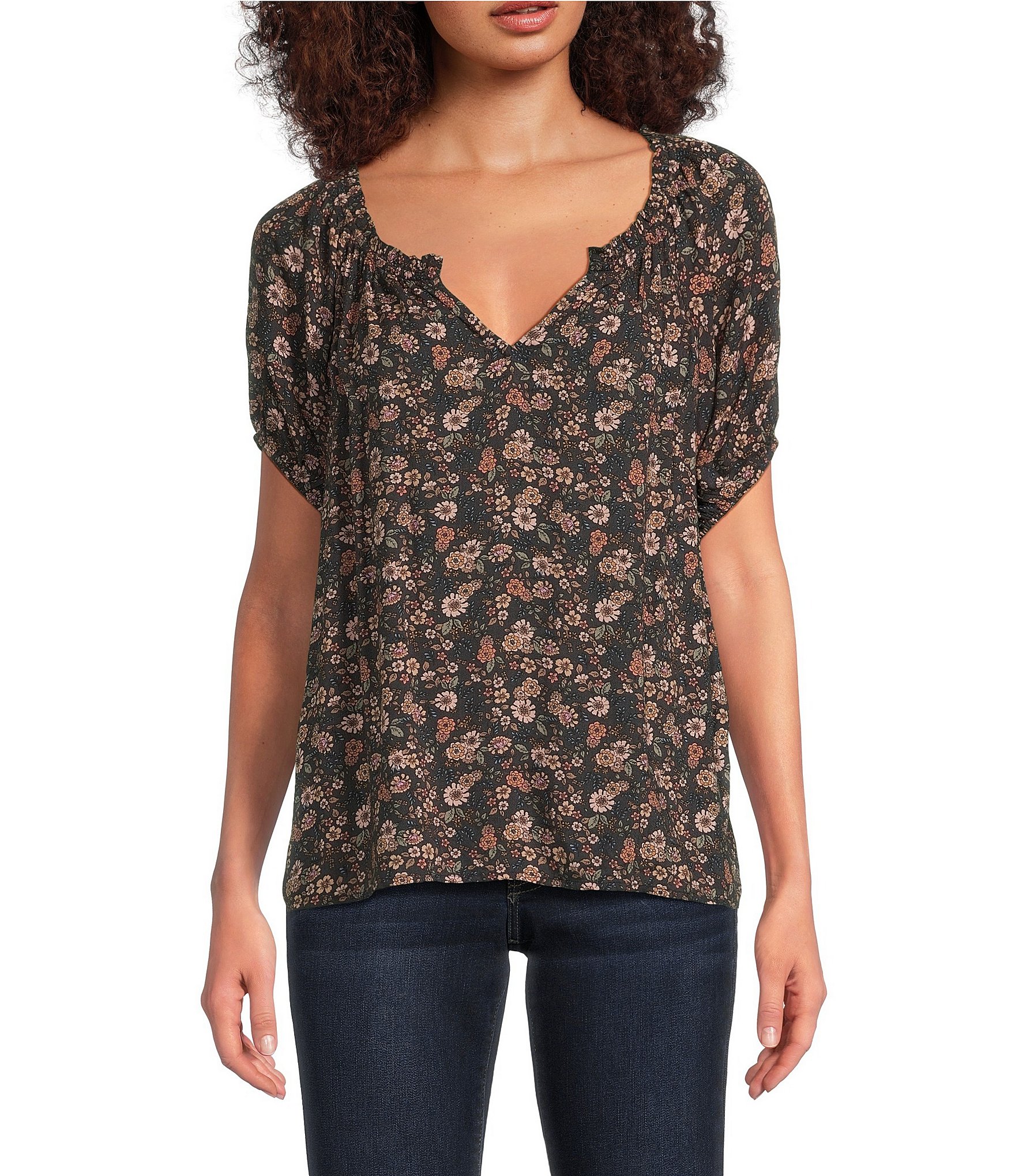 Lucky Brand Short Sleeve V Neck Peasant Top Dillards